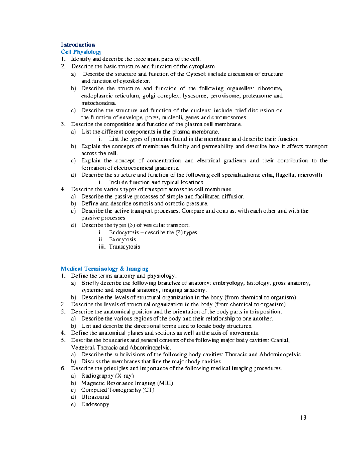 BIOL 101 Block 1 Objectives - 13 Introduction Cell Physiology Identify ...