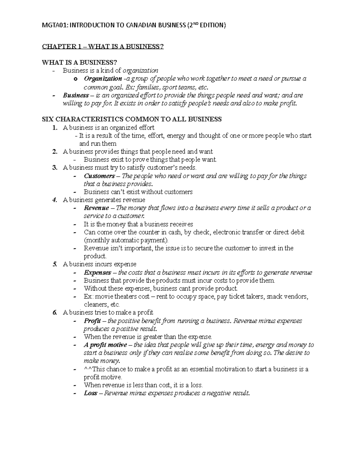 Chapter 1 – WHAT IS A Business (Textbook notes) - MGTA01: INTRODUCTION ...
