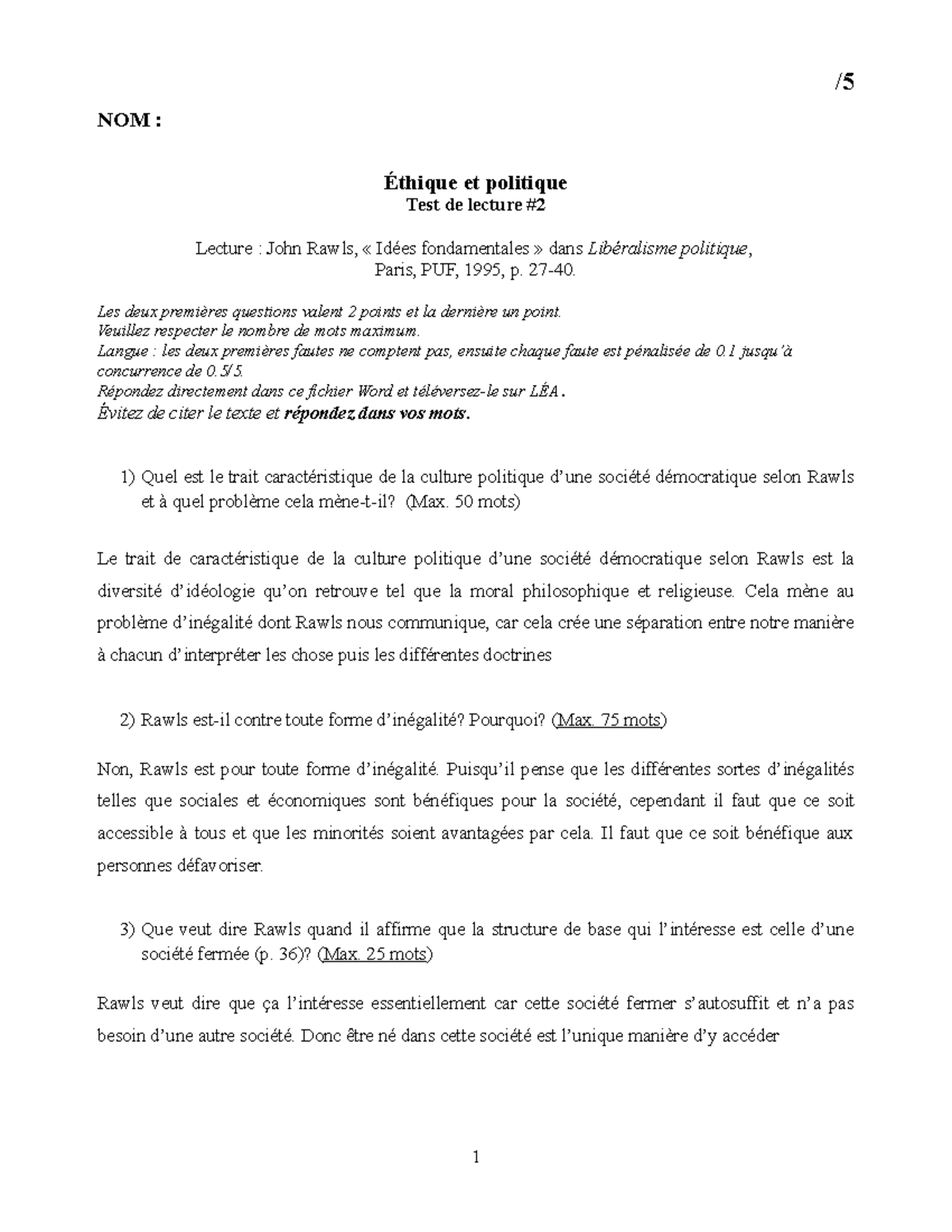 Test de lecture Rawls - philosophie 3 - / NOM : Éthique et politique ...
