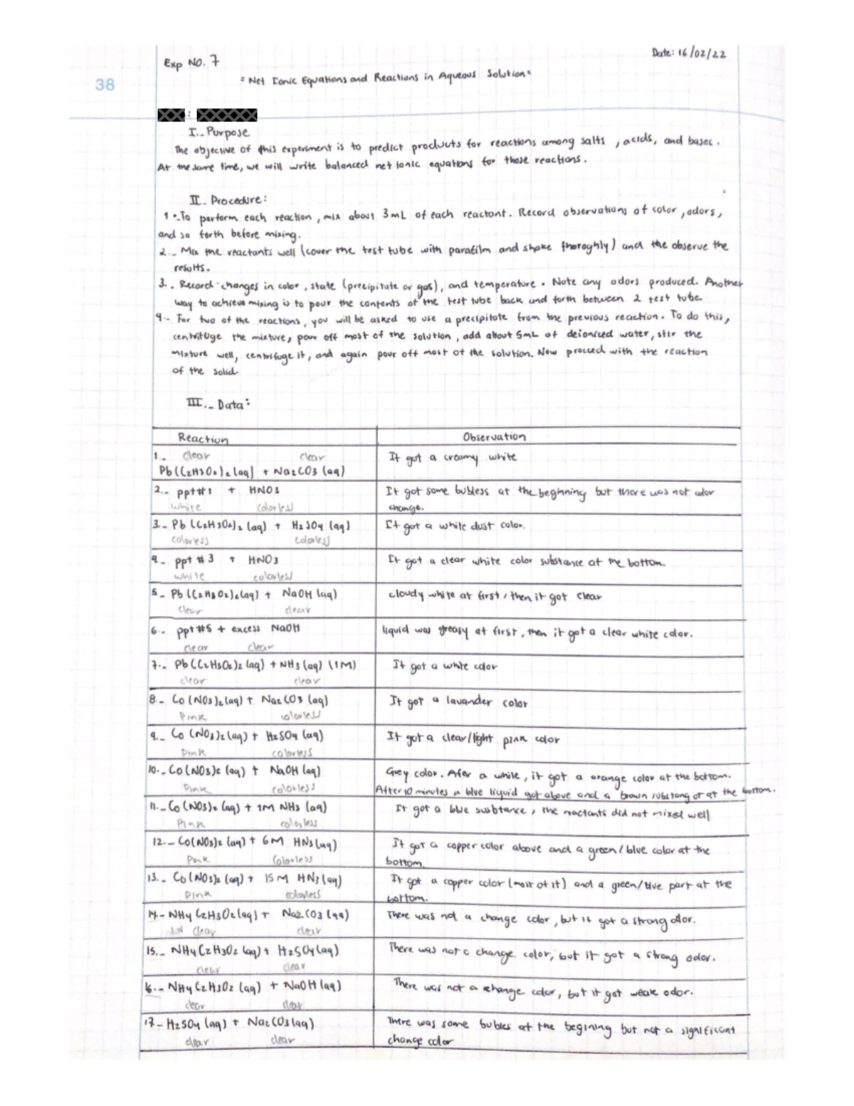 Exp7 - Net Ionic Equations and Reactions in Aqueous Solutions - CHEM 1A ...