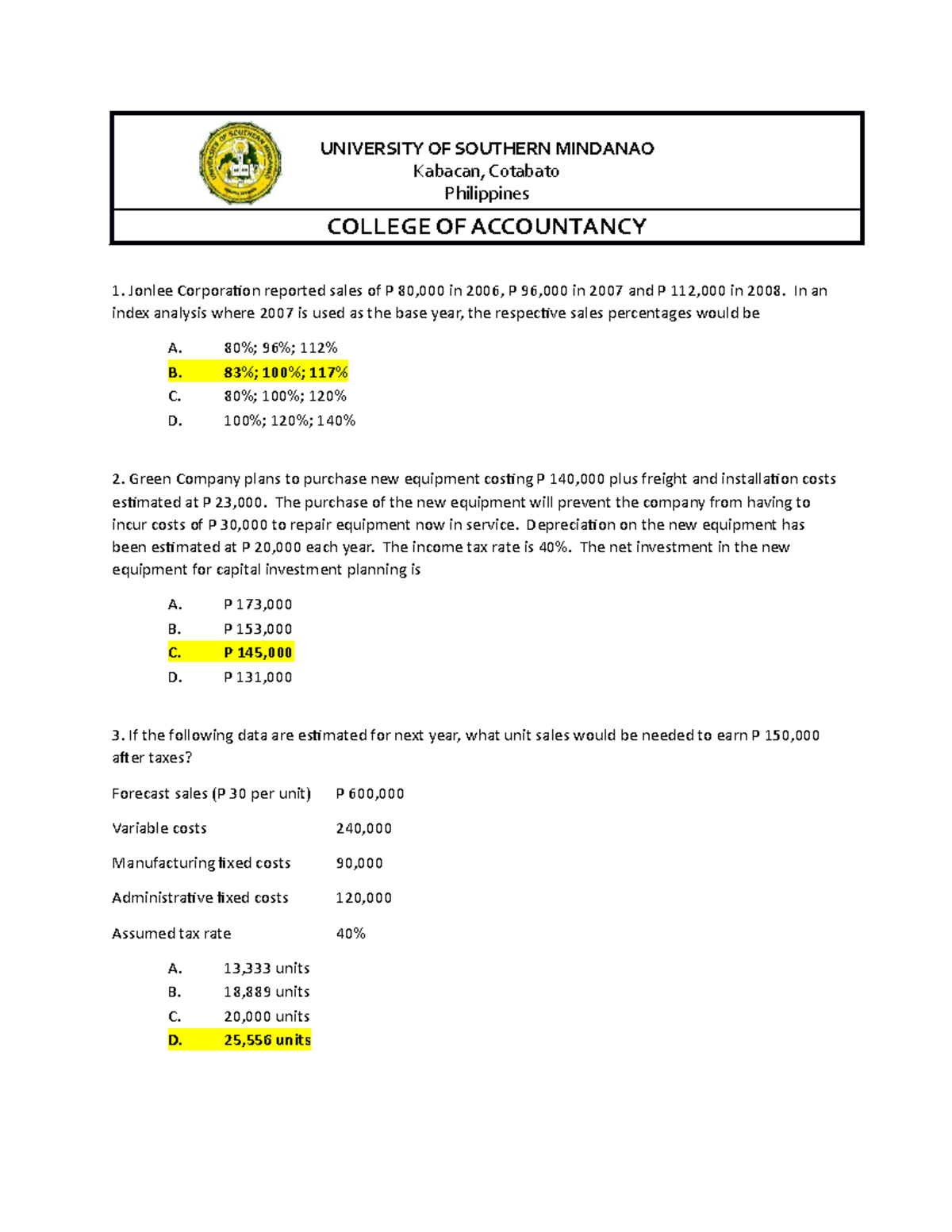 MAS Problem Solving - UNIVERSITY OF SOUTHERN MINDANAO Kabacan, Cotabato ...