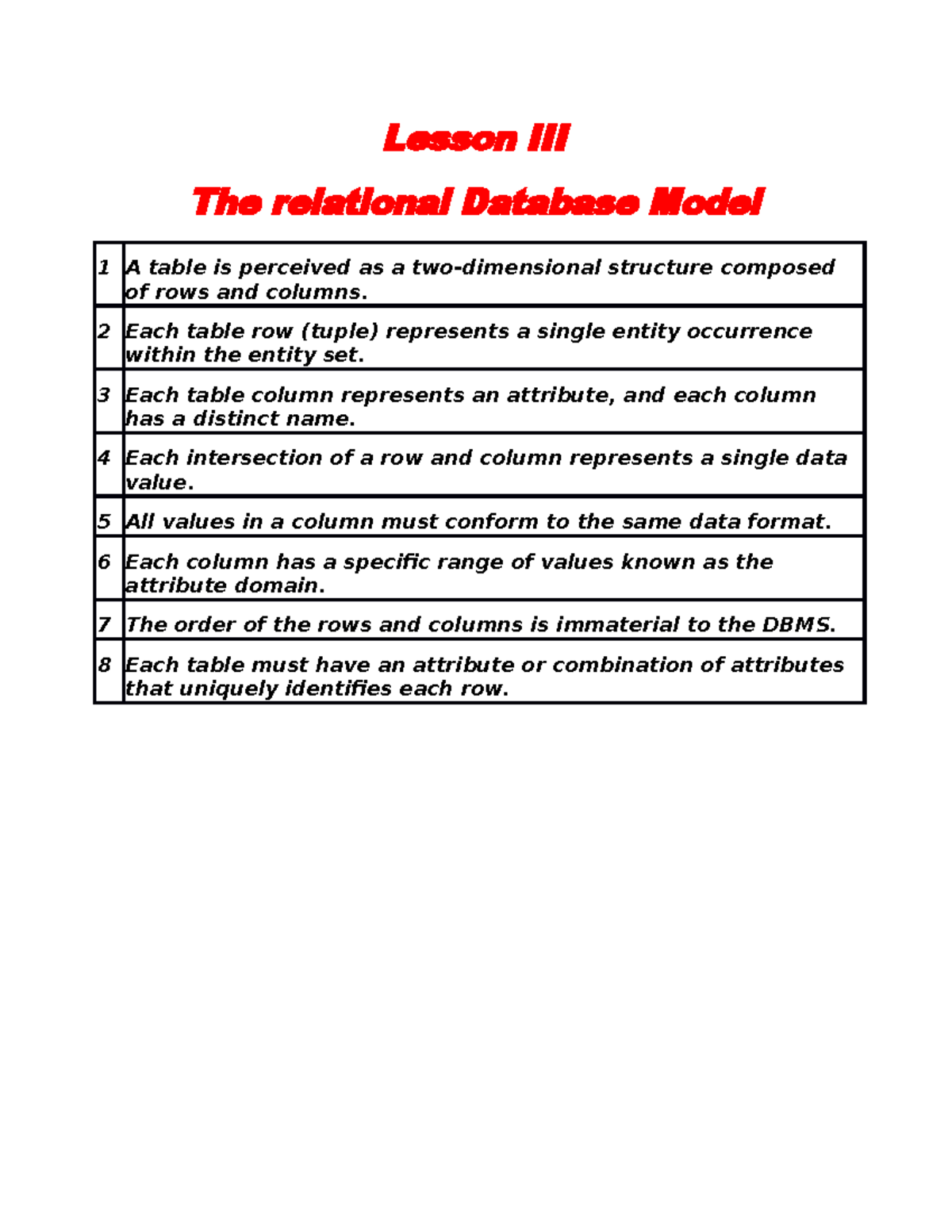Lesson Iii The Relational Database Model 2 Each Table Row Tuple