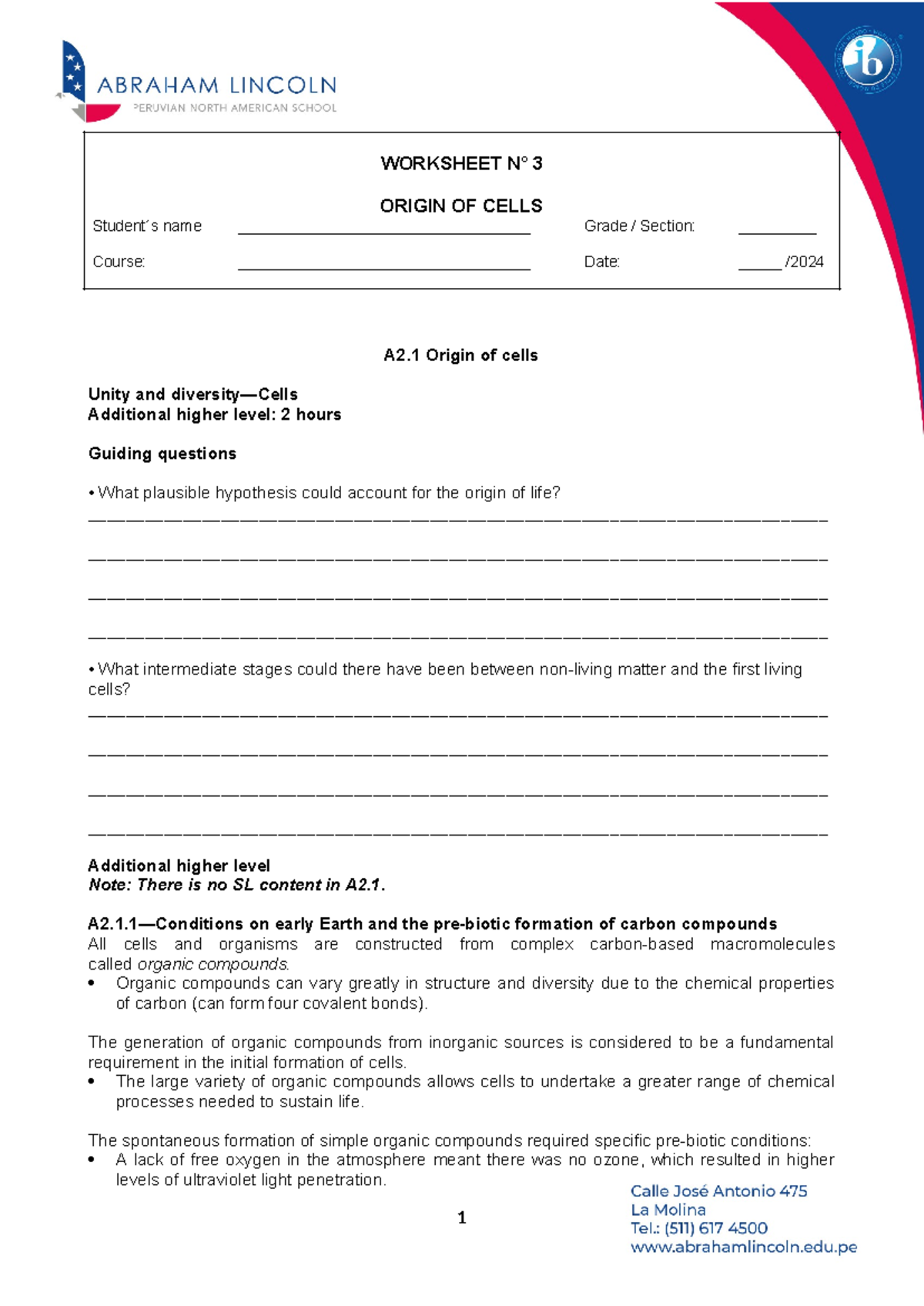 Biology Worksheet 3 Origin OF Cells - WORKSHEET N° 3 ORIGIN OF CELLS ...