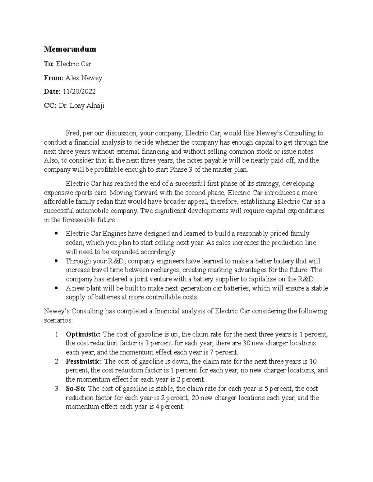 Electric Car Memo - Memorandum To: Electric Car From: Alex Newey Date ...