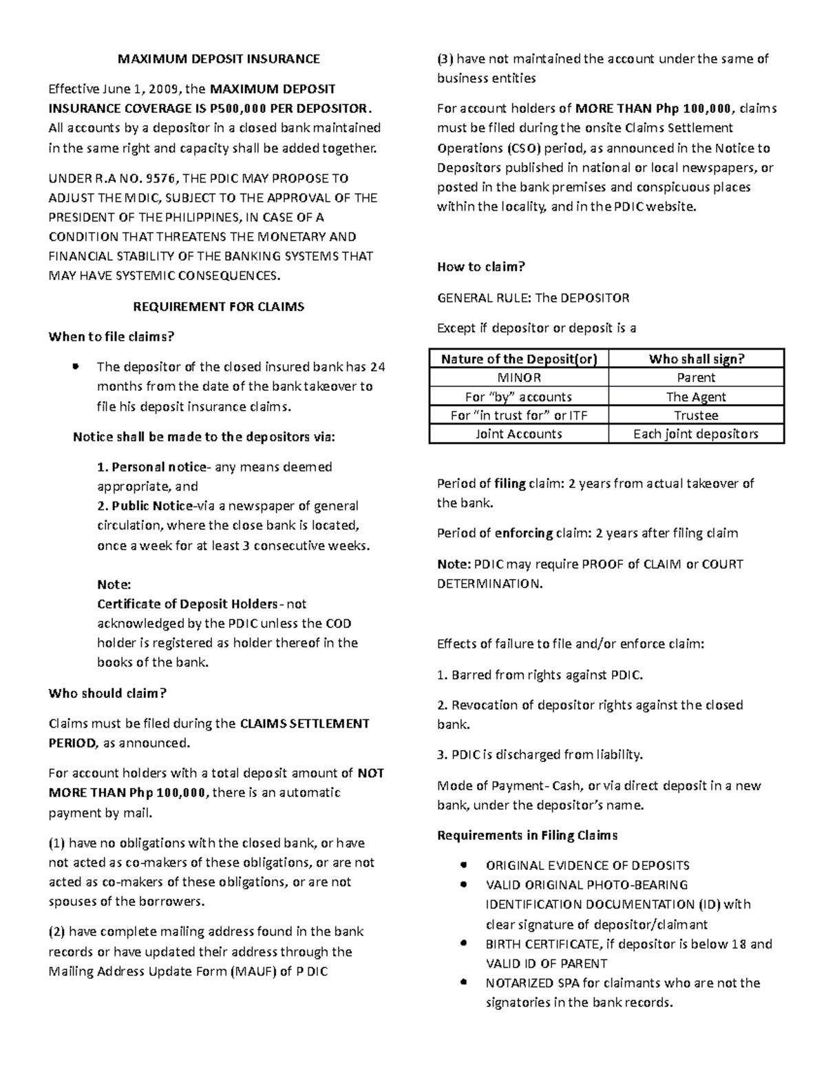 PDIC LAW - notes - MAXIMUM DEPOSIT INSURANCE Effective June 1, 2009 ...