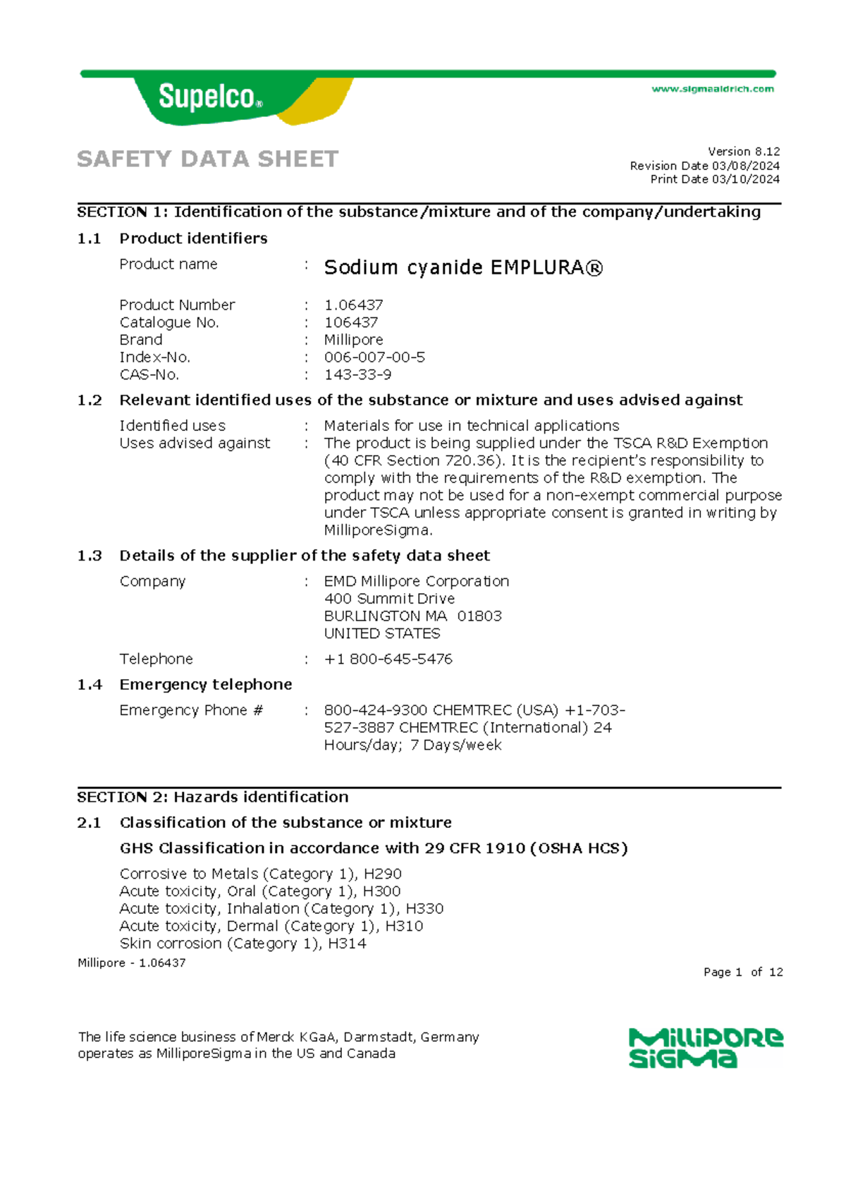 Msds nacn - nada mas - Millipore - 1. Page 1 of 12 The life science ...