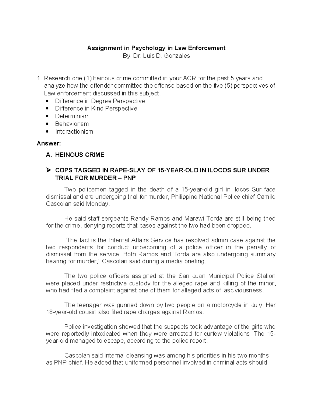 Assignment IN Psychology OF LAW Enforcement - Assignment in Psychology ...