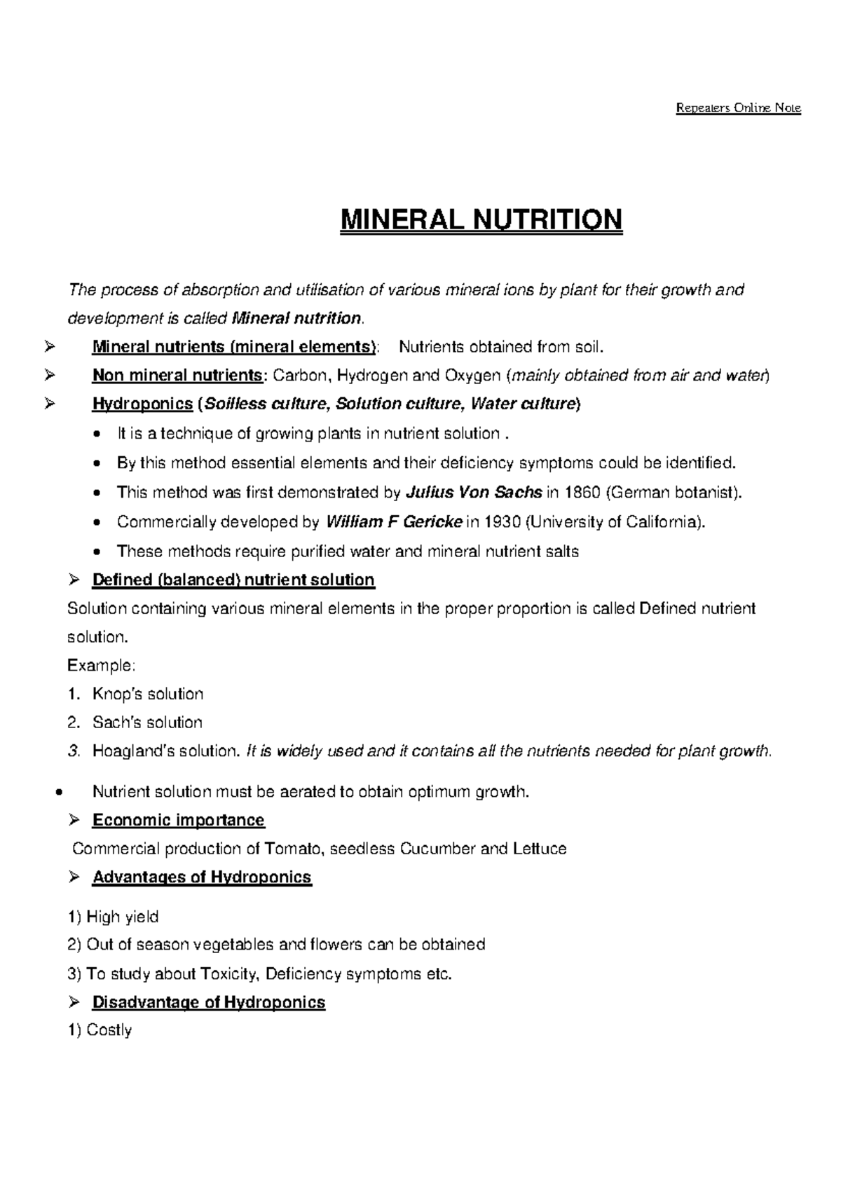 Mineral nutrition - neet capsule note - MINERAL NUTRITION The process ...
