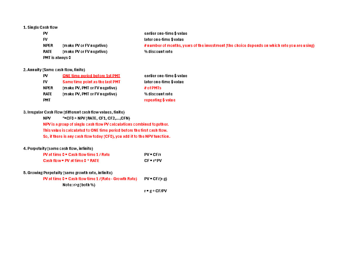 FIN 256 Mid-term Review Roadmap - Single Cash flow PV earlier one-time ...