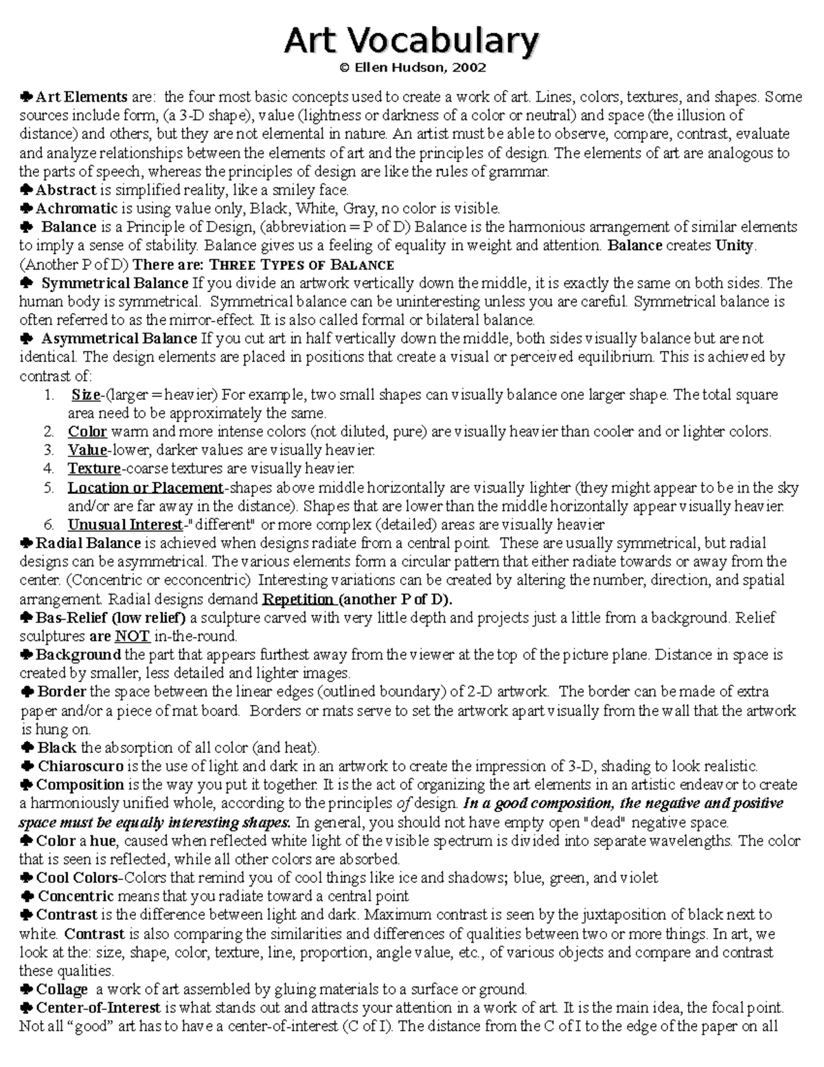 Art Vocabulary - Lines, colors, textures, and shapes. Some sources ...