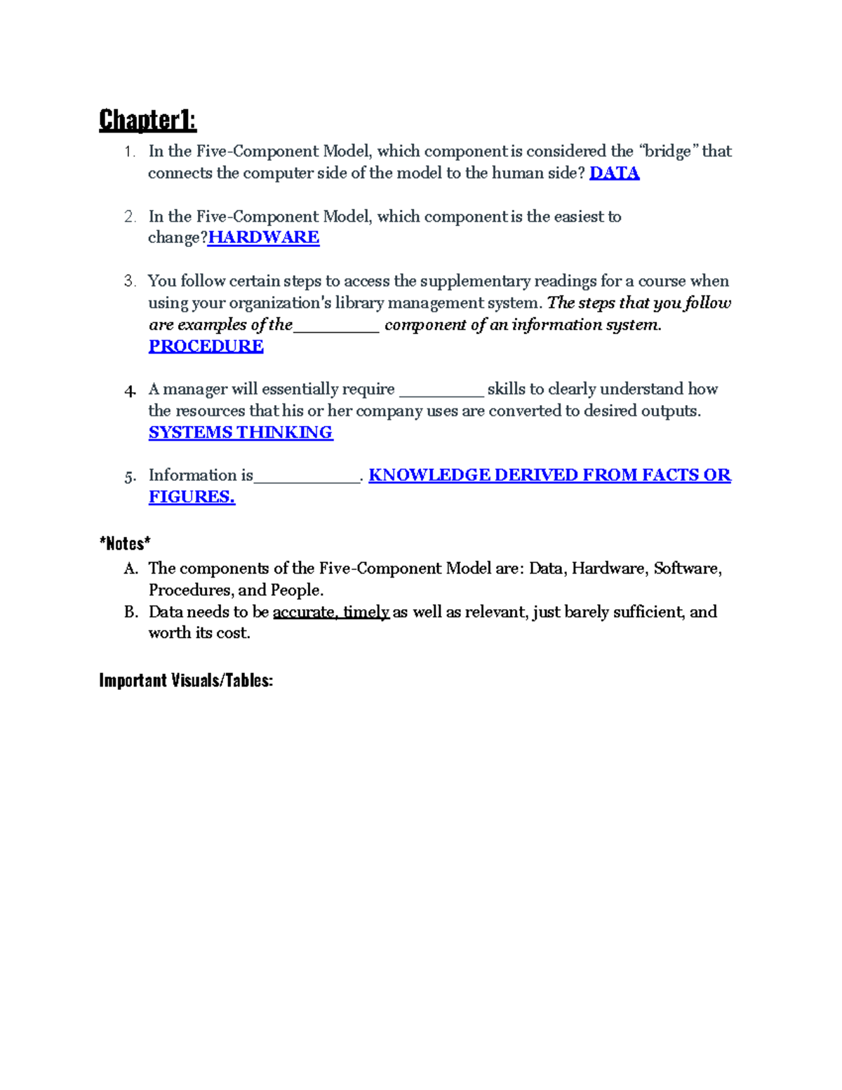 K204 UMIS Notes Sheet - Chapter1: In the Five-Component Model, which ...