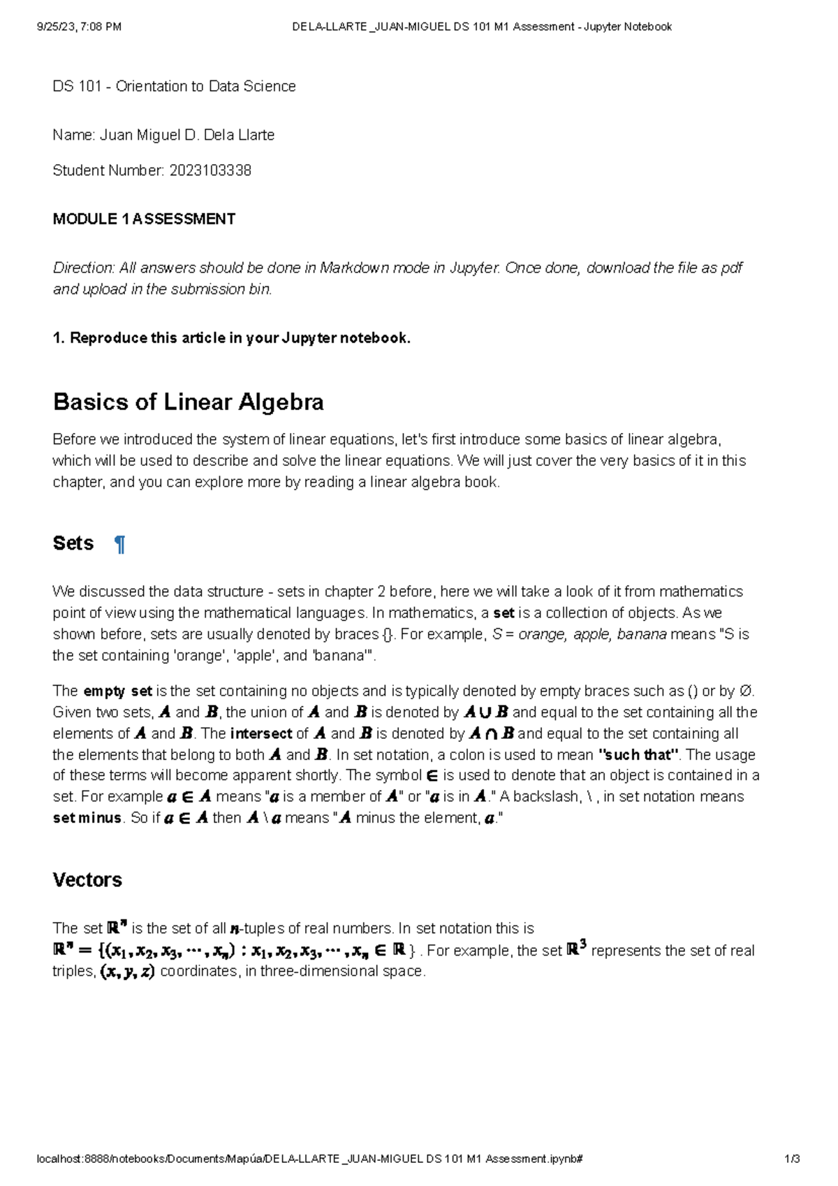 DELA LLARTE - M1 Assessment - 9/25/23, 7:08 PM DELA-LLARTE_JUAN-MIGUEL DS 101 M1 Assessment ...