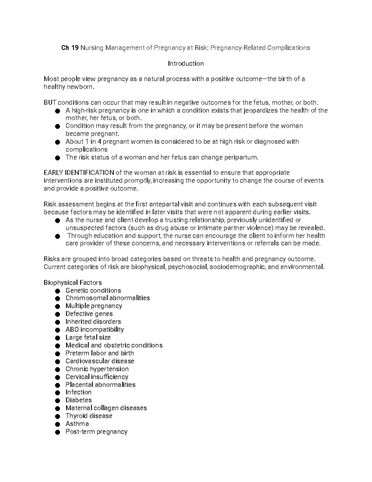Ch 19 Womens Notes - Ch 19 Nursing Management of Pregnancy at Risk ...