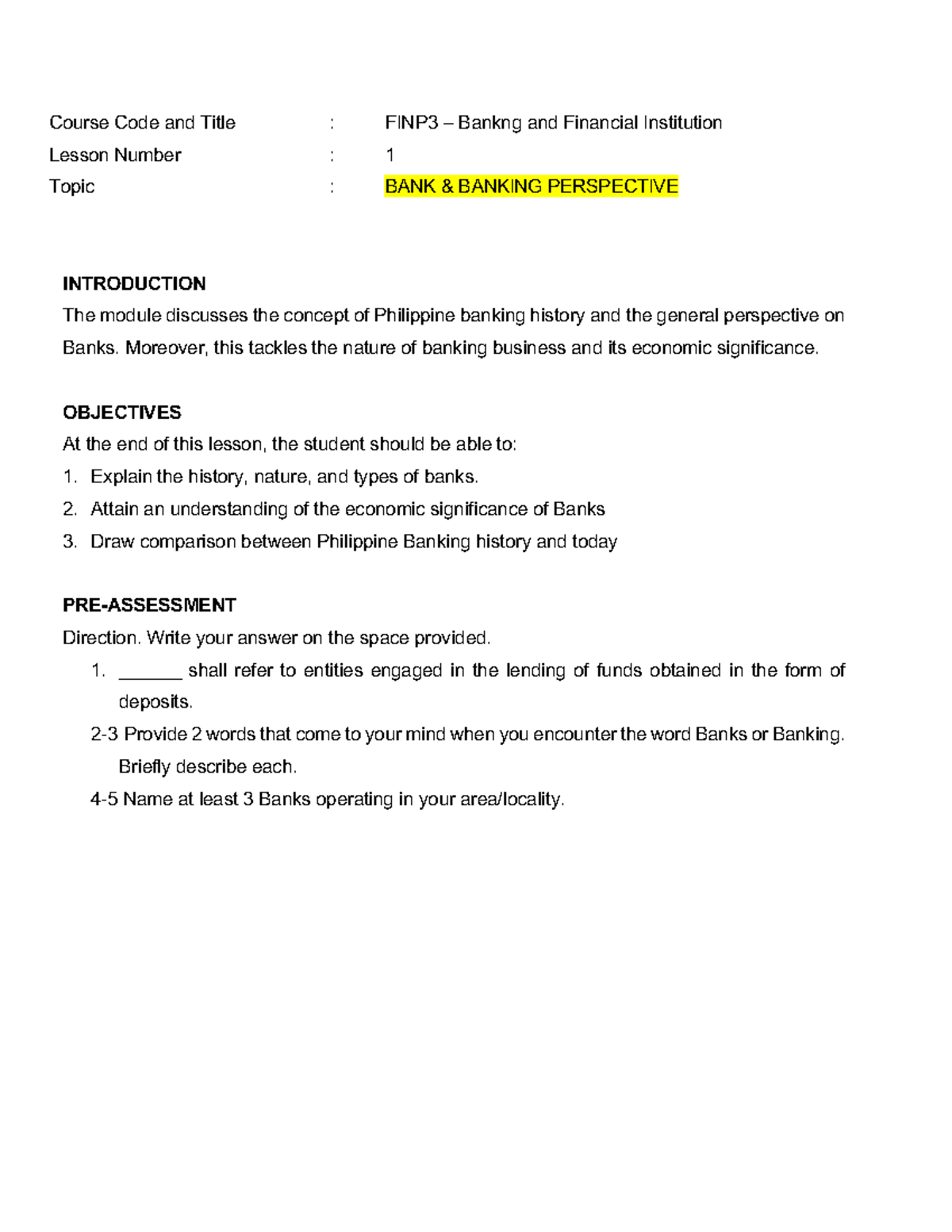 Lesson 1 and 2 Banking and Financial Institution - Course Code and ...