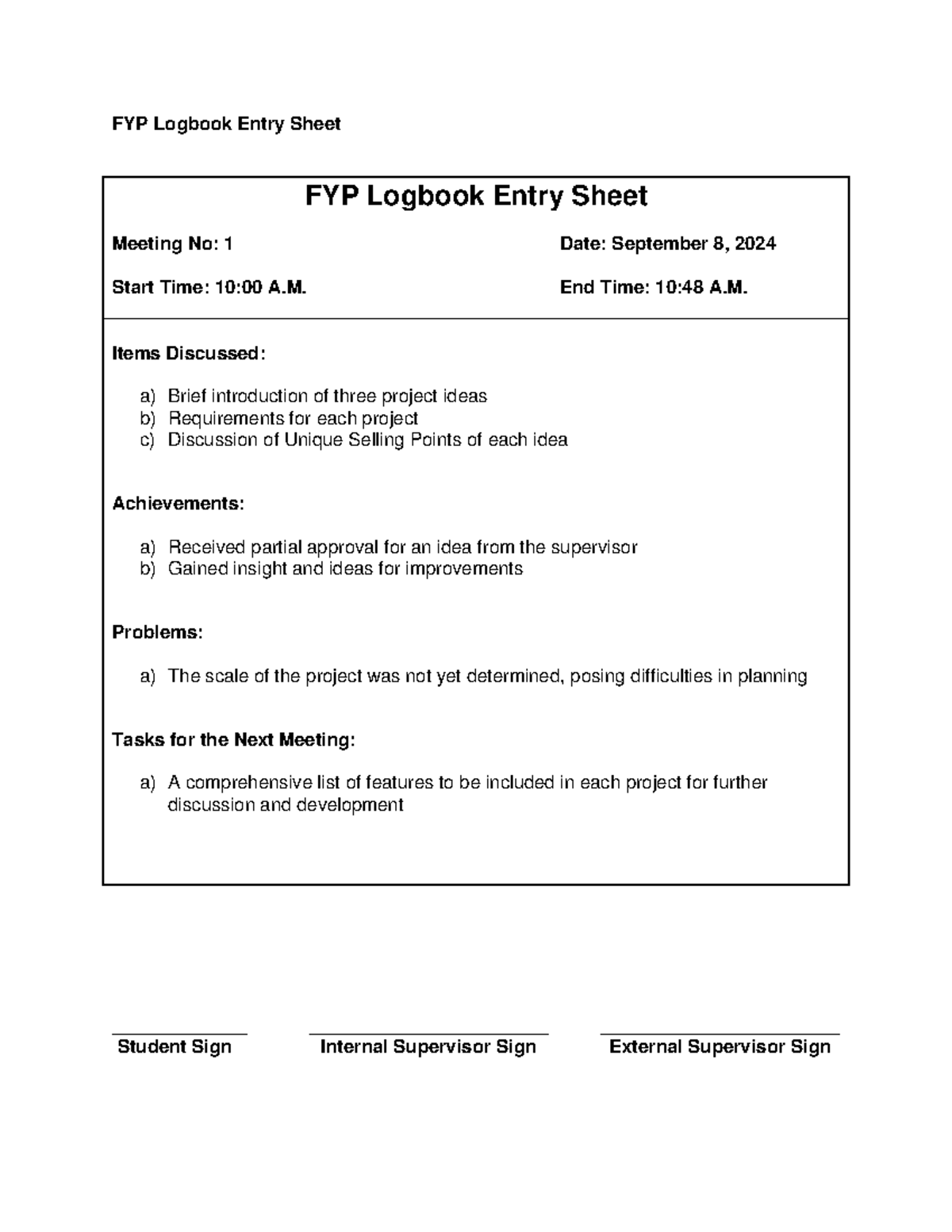 Logbook Demo for viewing - FYP Logbook Entry Sheet FYP Logbook Entry ...