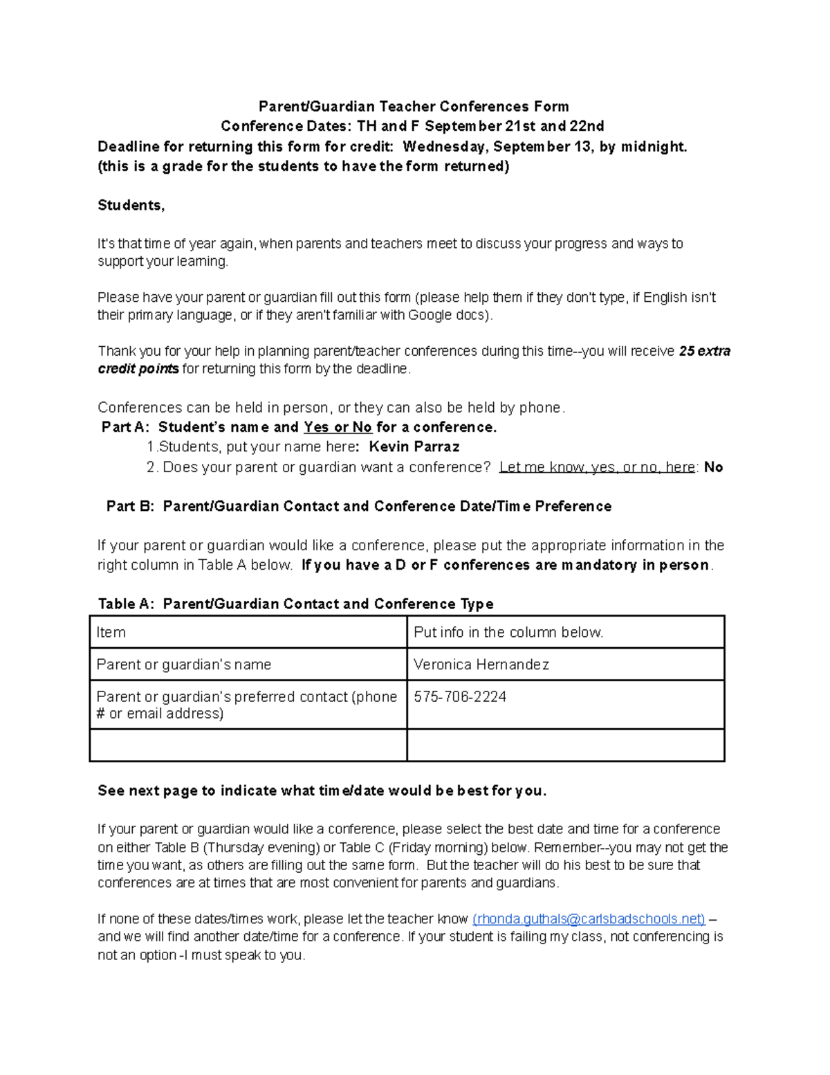 23-24 Parent Teacher Conferences Form - Parent/Guardian Teacher ...