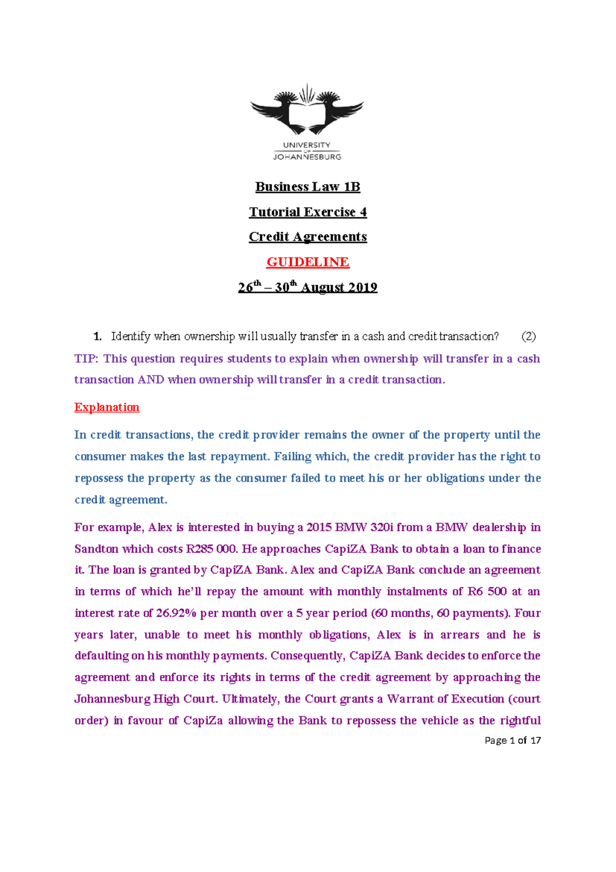 Credit Agreement - these notes are under uj - Business Law 1B Tutorial ...