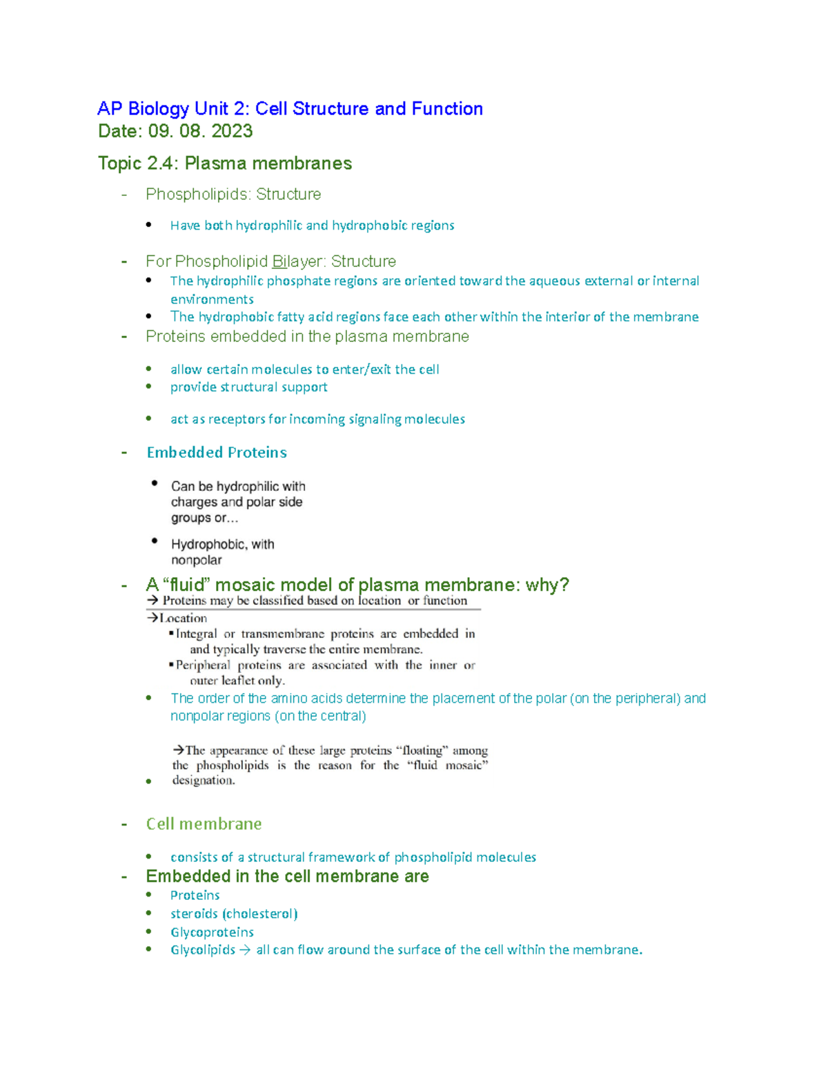 AP Biology Unit 2 - 08. 2023 Topic 2: Plasma membranes - Phospholipids ...
