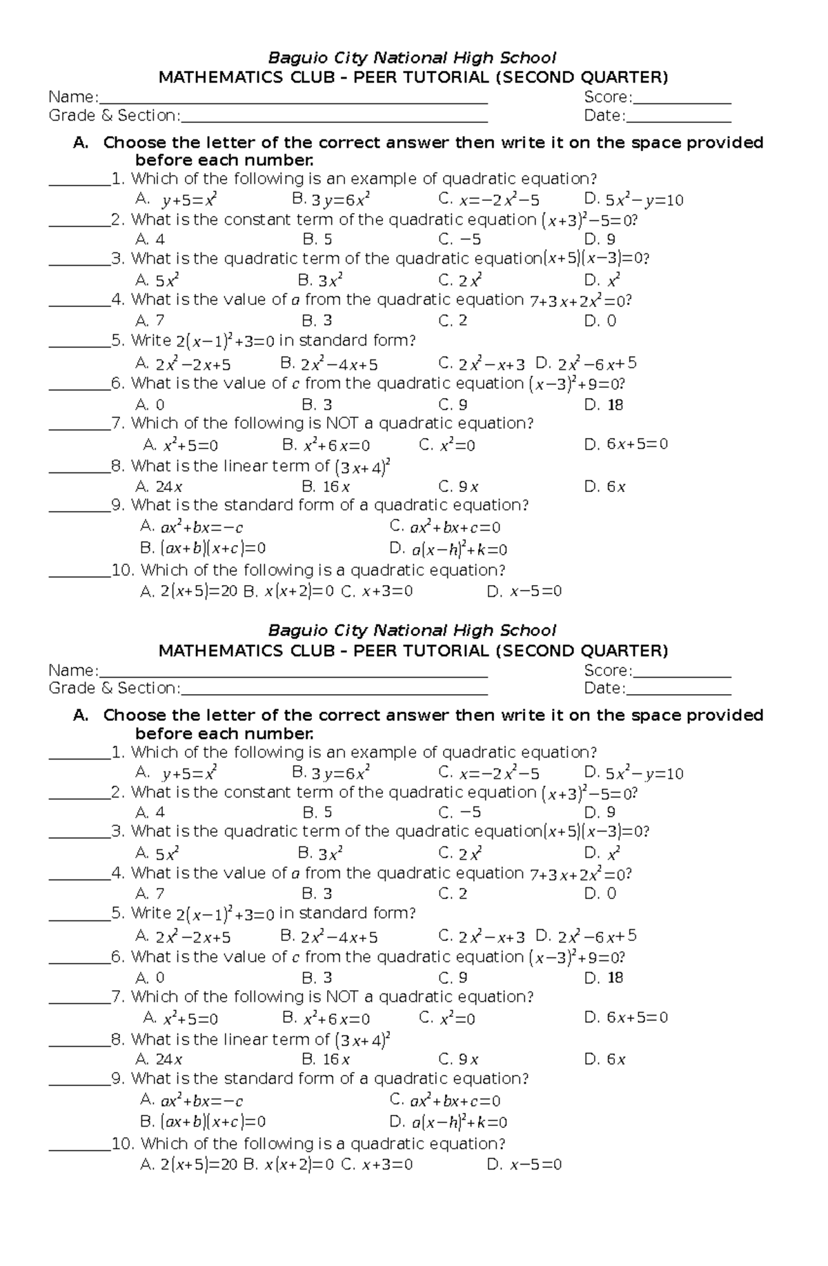 Peer tutorial quiz - Baguio City National High School MATHEMATICS CLUB ...