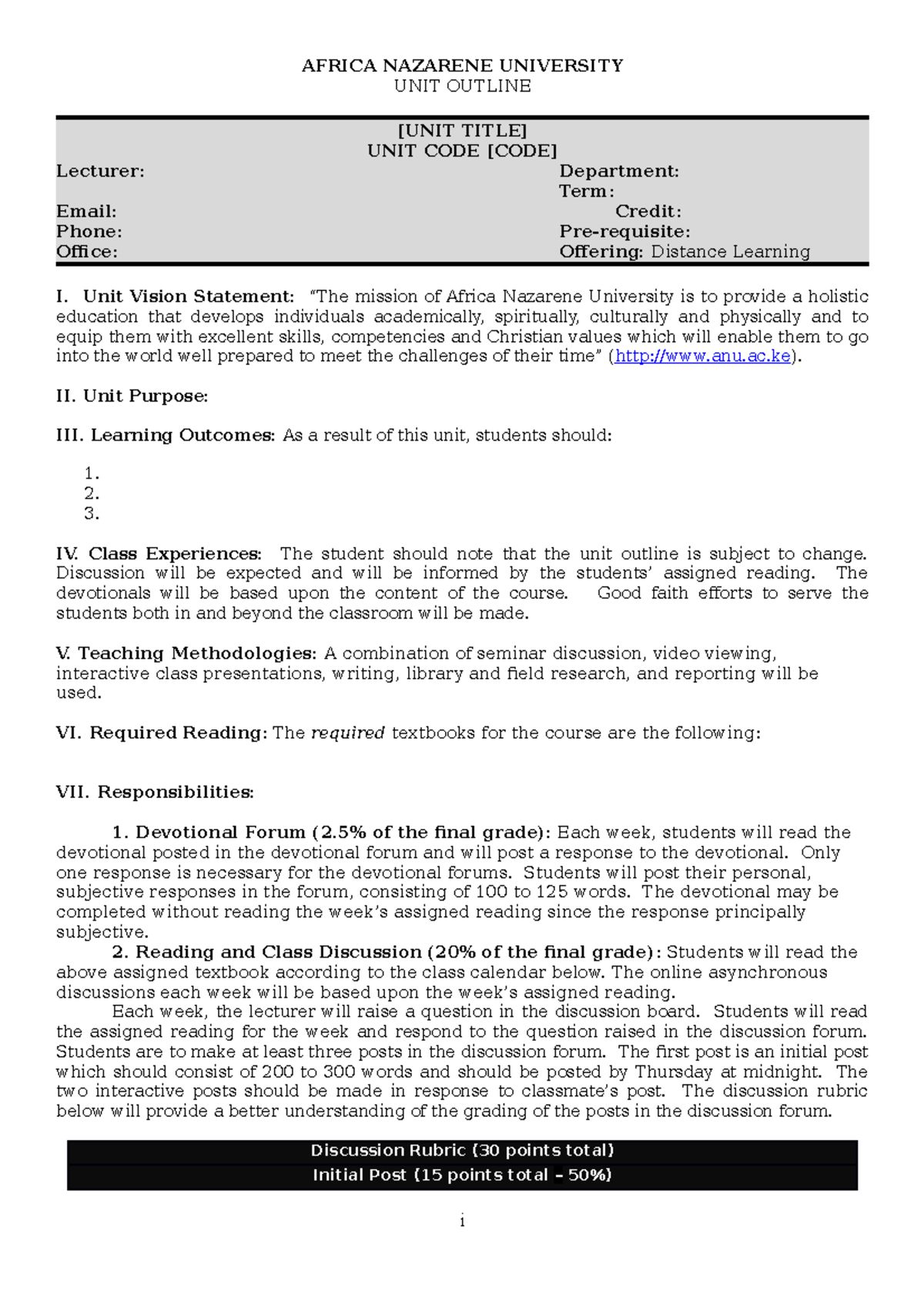 Unit Outline Sample for DL mlmll, klk;l;'; - AFRICA NAZARENE UNIVERSITY ...