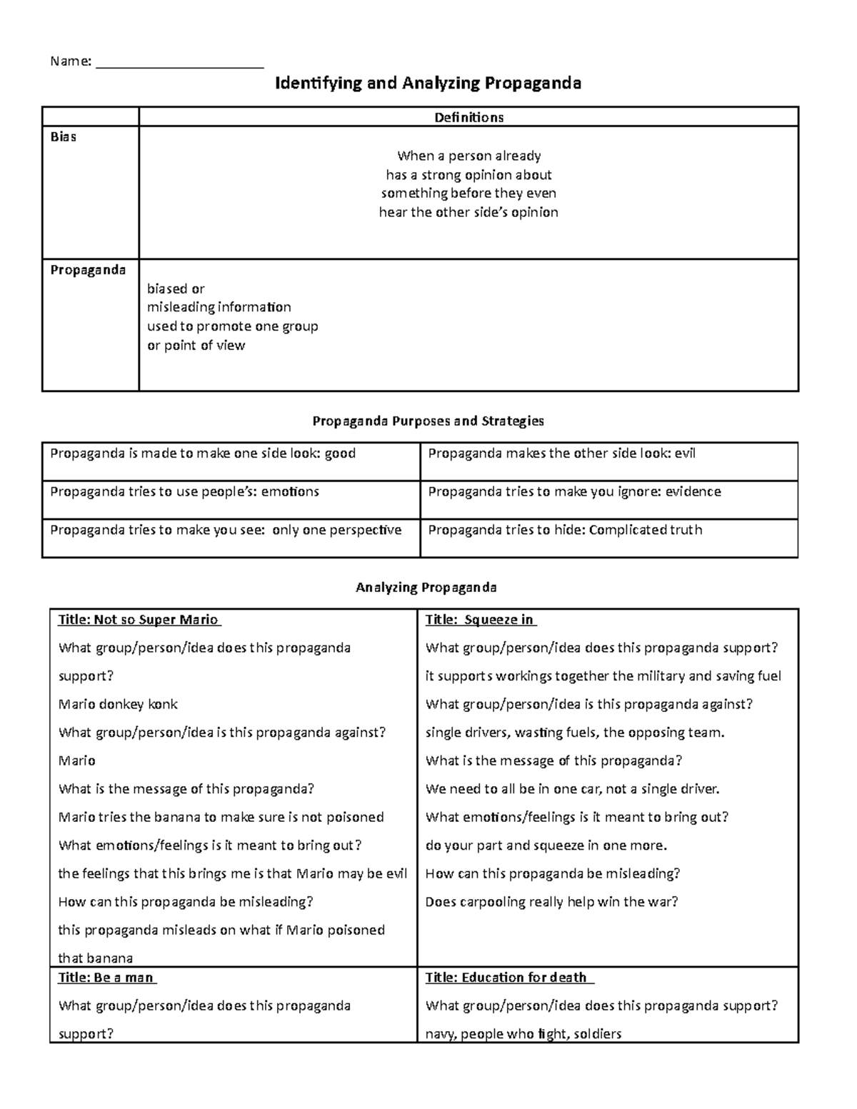 Propaganda Analysis Sheet-1 - Name: ______________________ Identifying ...