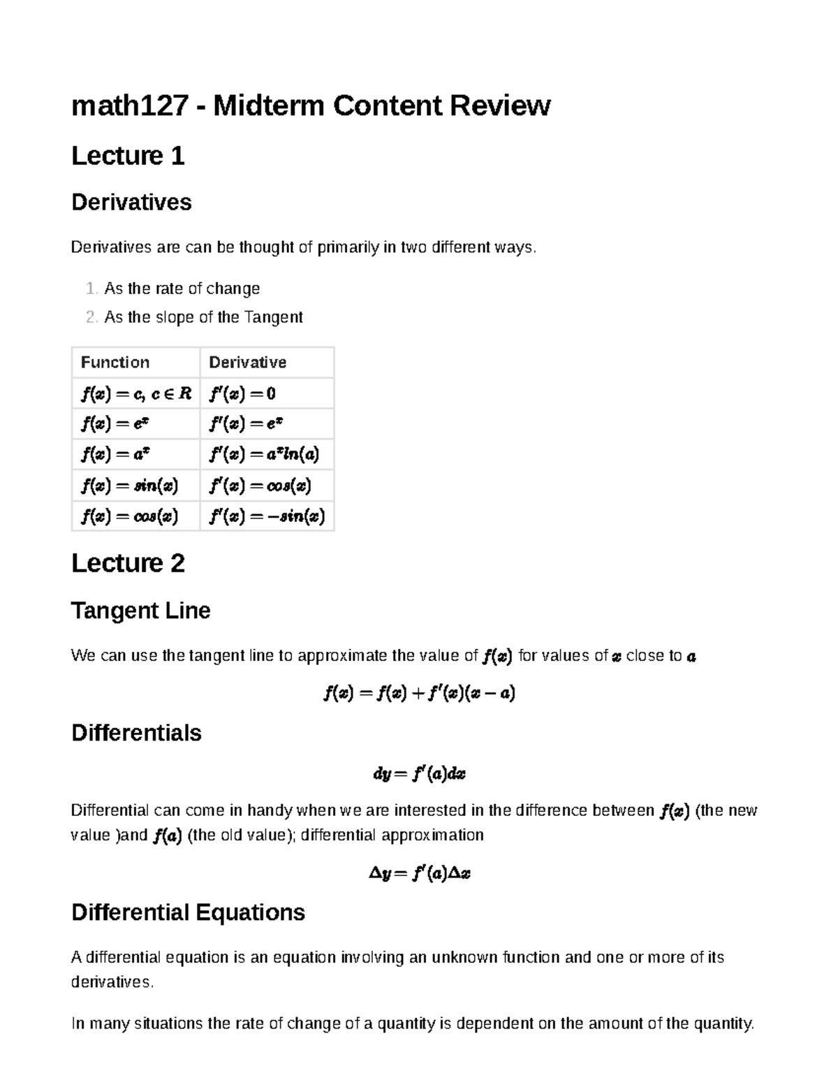 Math127 - Midterm Content Review - math127 - Midterm Content Review Lecture 1 Derivatives - Studocu