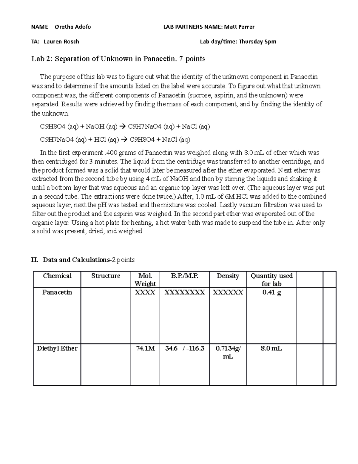 ORGO LAB 2 Report - NAME Oretha Adofo LAB PARTNERS NAME: Matt Ferrer TA ...