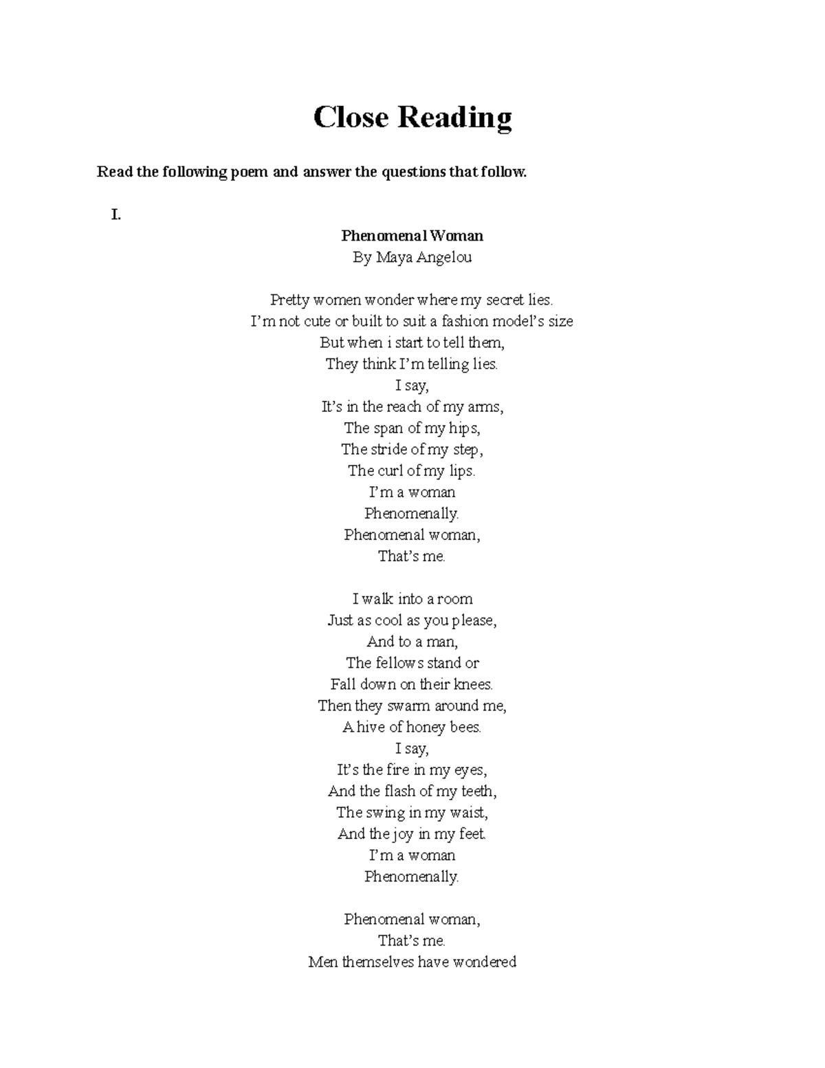 Close reading - poem - Close Reading Read the following poem and answer ...