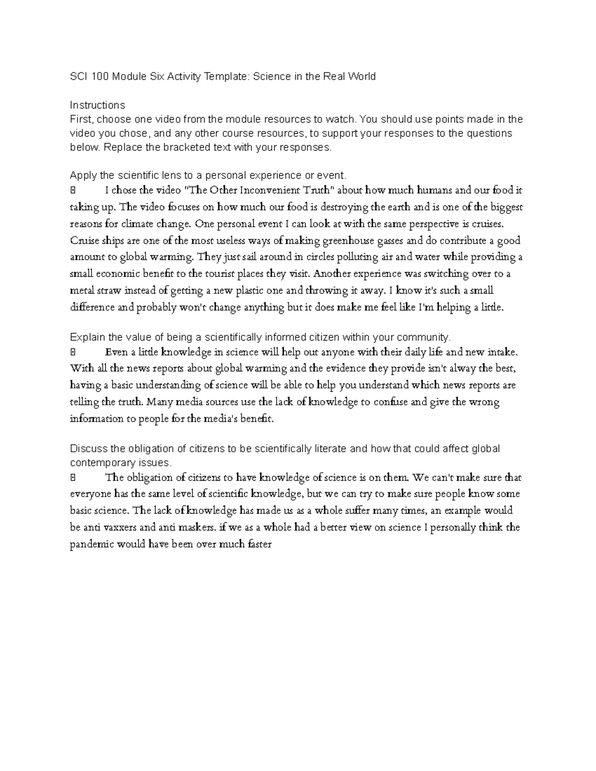 Module Six Activity - sci 100 paper - SCI 100 Module Six Activity ...