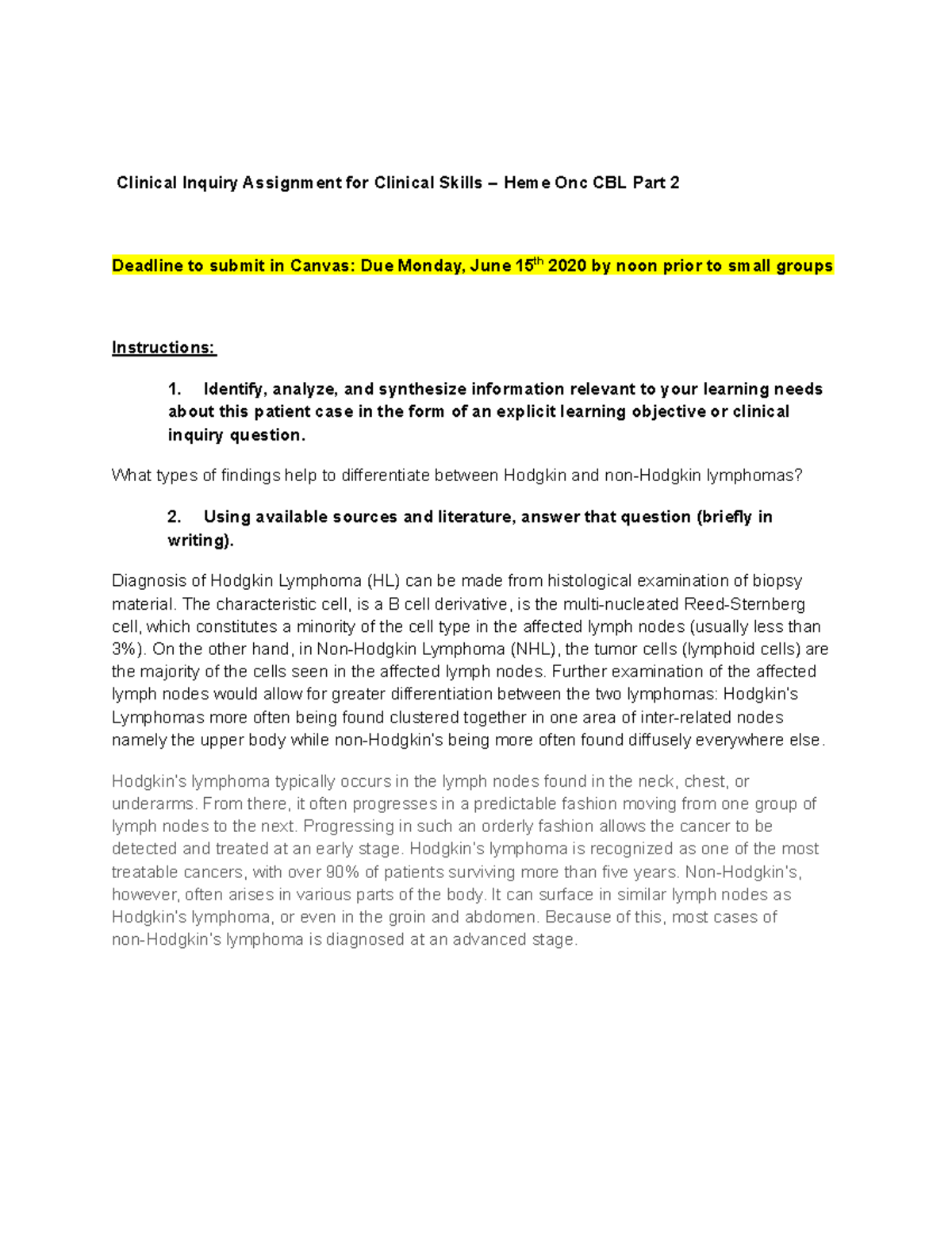 Clinical Inquiry Assignment for lymphoma - Clinical Inquiry Assignment ...