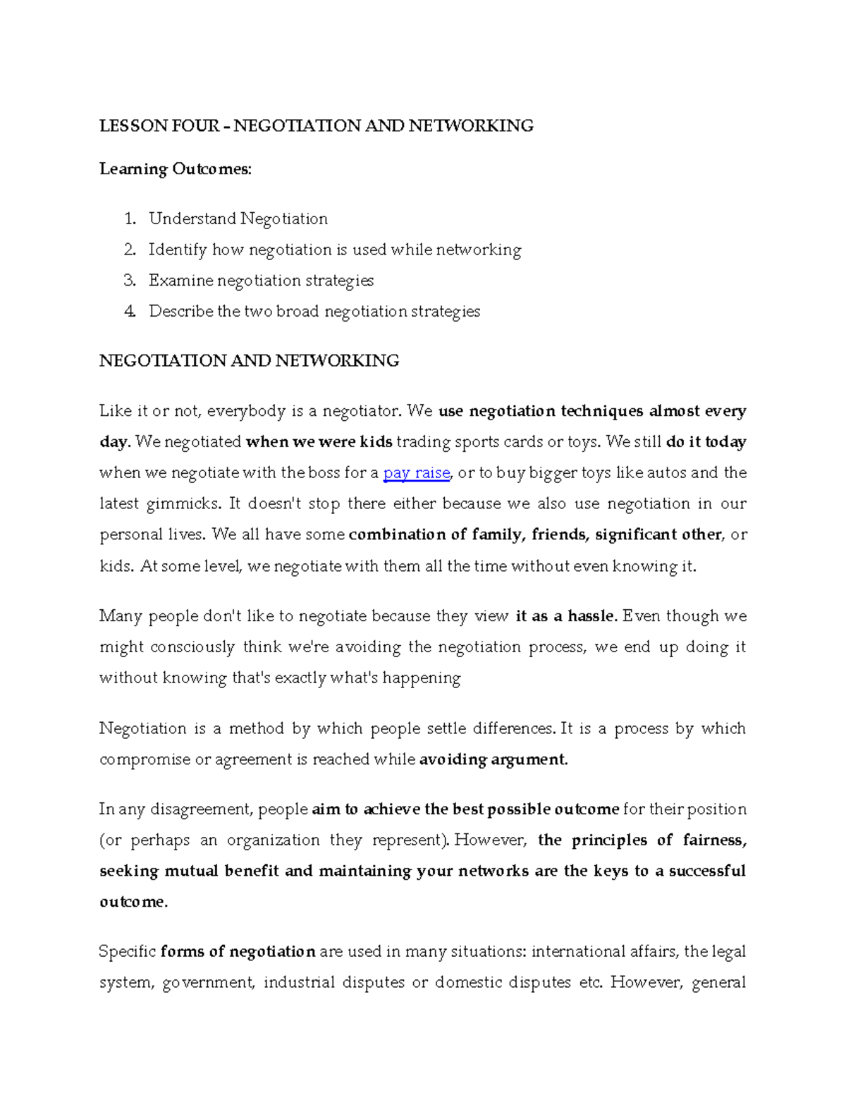 Topic 4 - Negotiation and Networking Strategies - LESSON FOUR ...