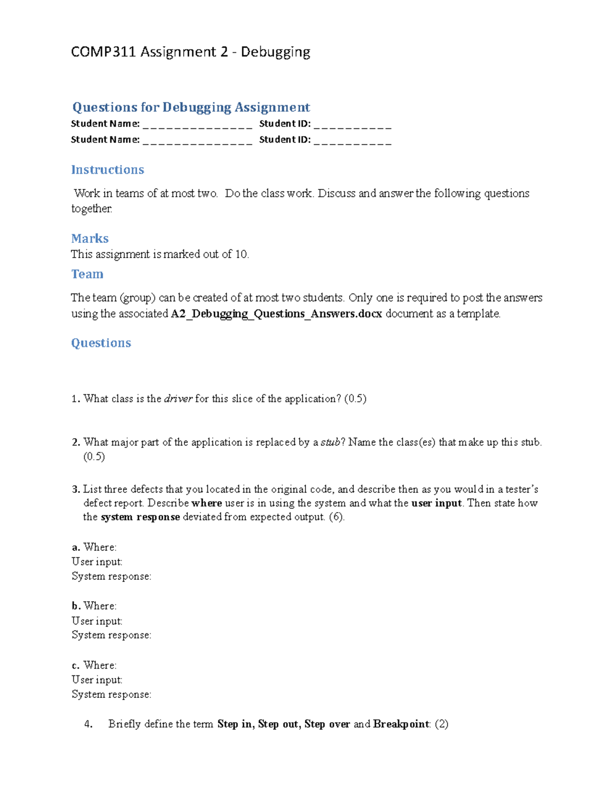 A2-Debugging Questions Answers - COMP311 Assignment 2 - Debugging Questions for Debugging ...