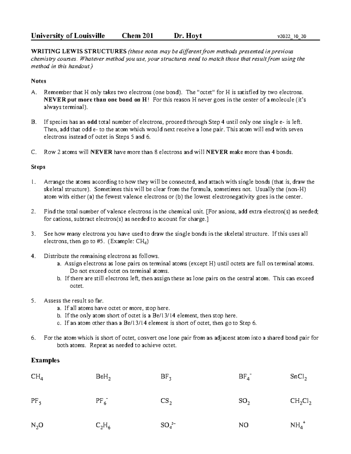 Chem 201 Ch 26-30 Lewis & Vsepr combined handout - University of ...