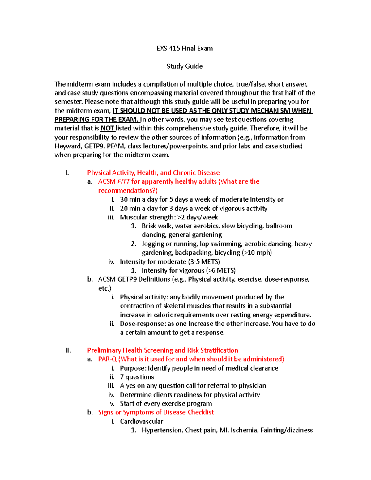 EXS 415 Final - Study guide with answers - EXS 415 Final Exam Study Guide The midterm exam ...