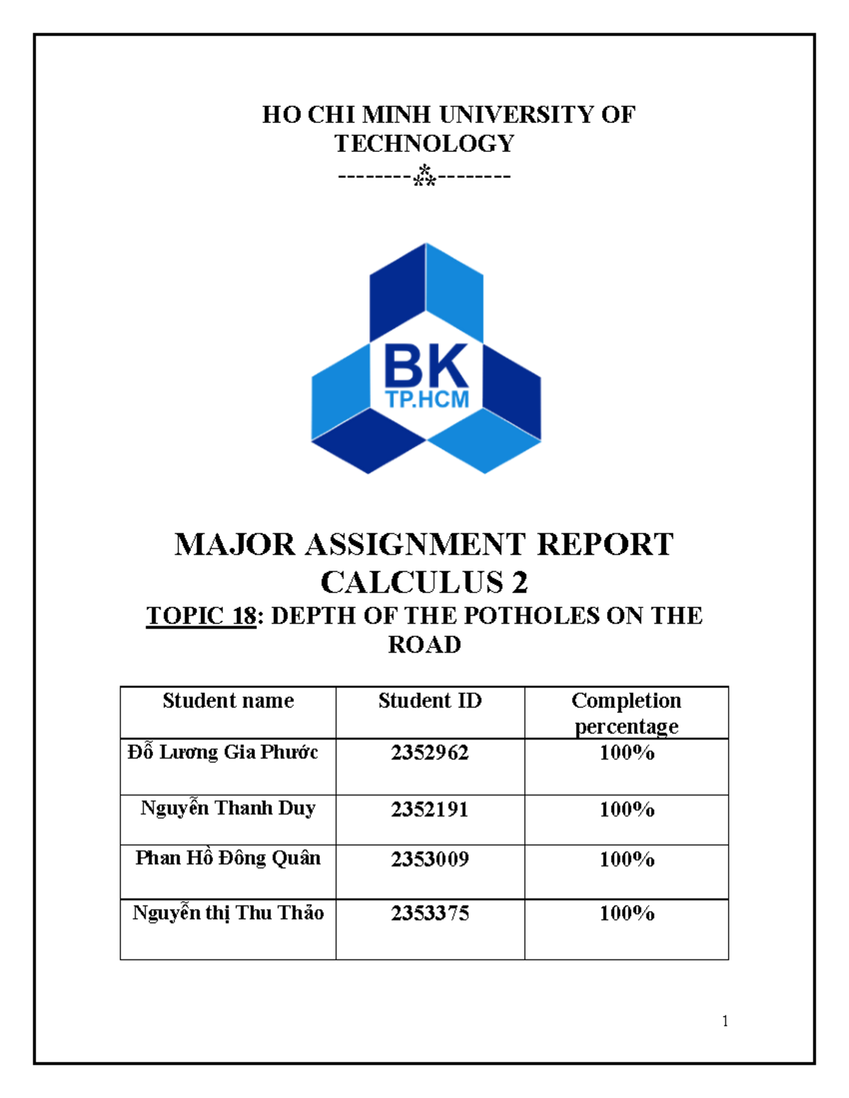 Calculus 2 final report 1 - HO CHI MINH UNIVERSITY OF TECHNOLOGY ...