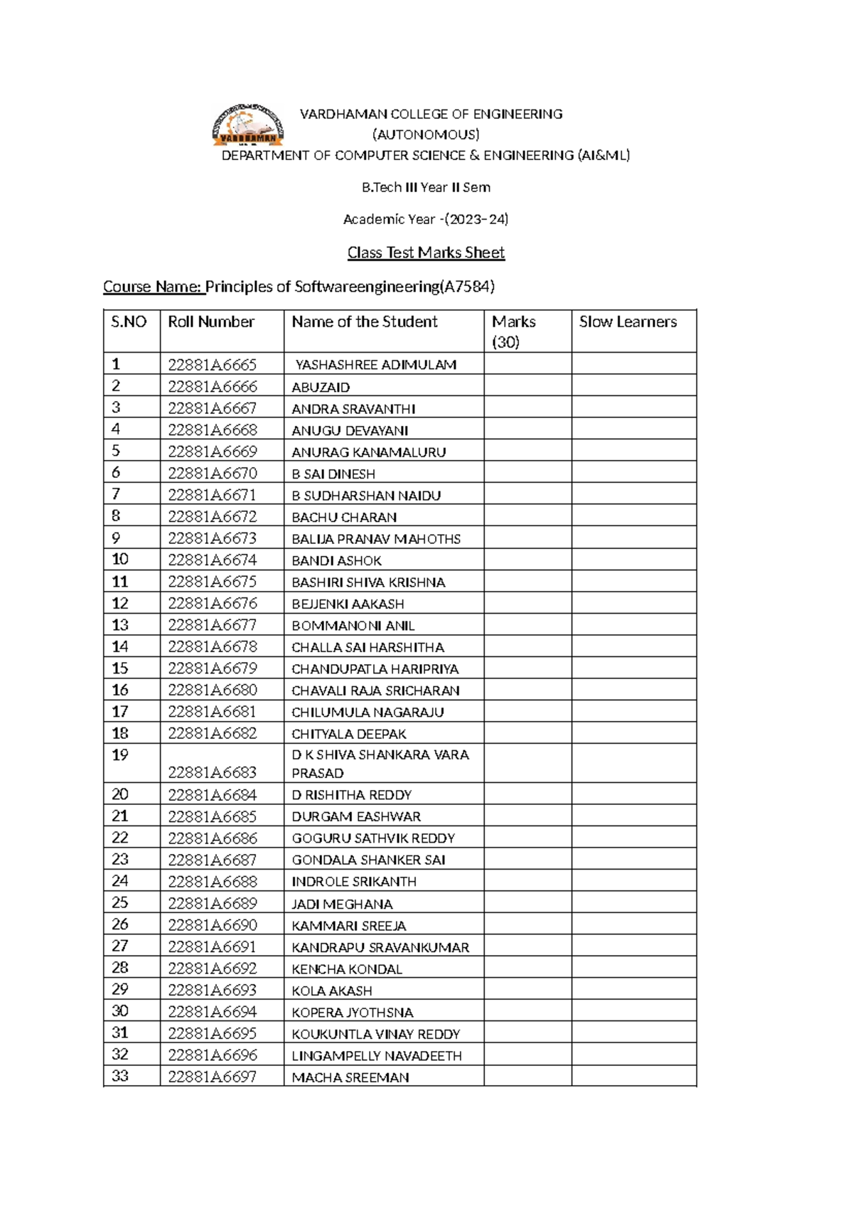 Class Test Marks Sheet Template - VARDHAMAN COLLEGE OF ENGINEERING ...