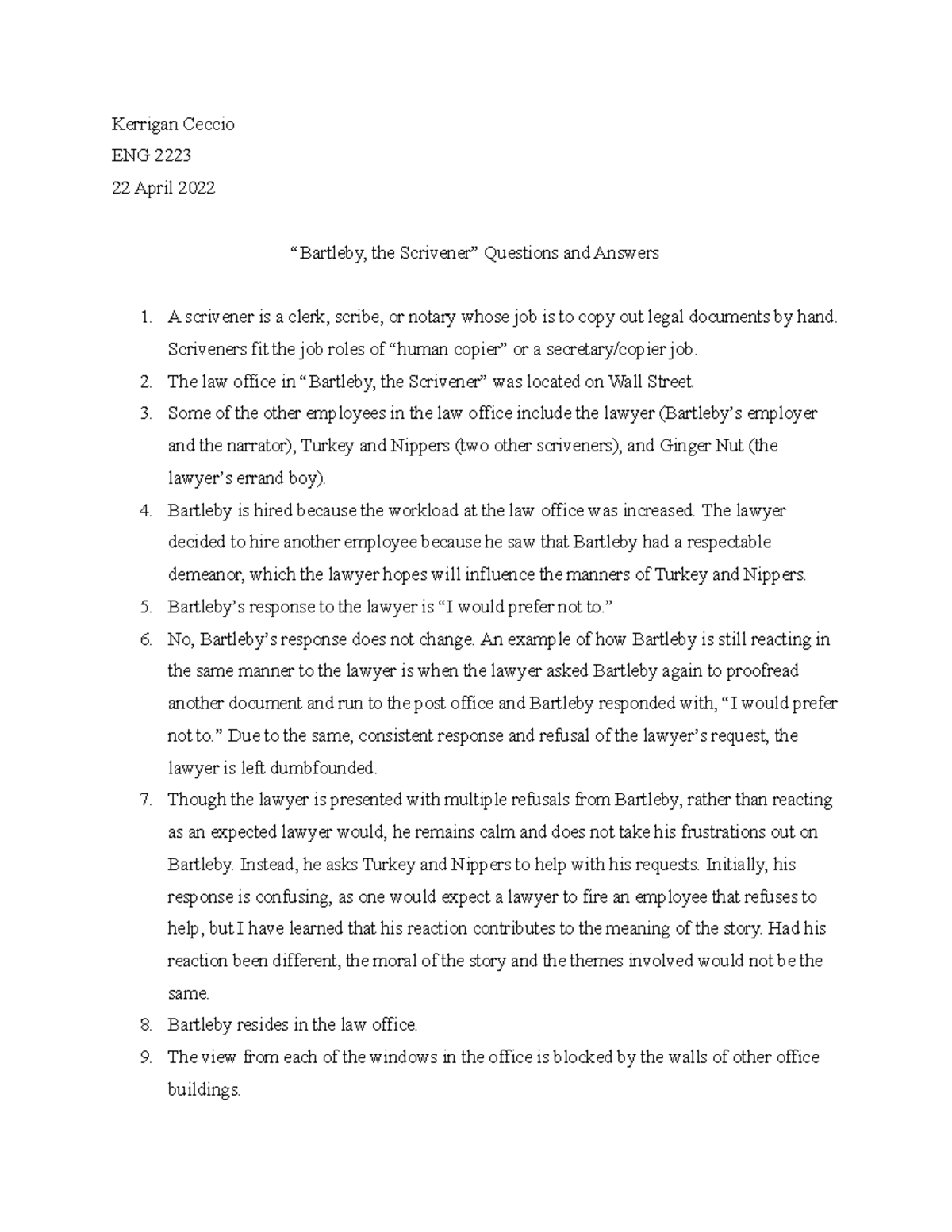 Bartleby, the Scrivener - Kerrigan Ceccio ENG 2223 22 April 2022