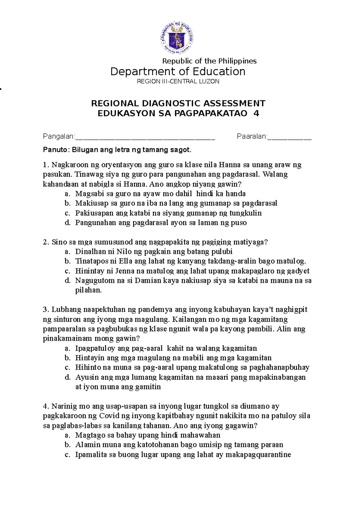 Diagnostic Assessment Es P Grade 4 - Republic of the Philippines ...