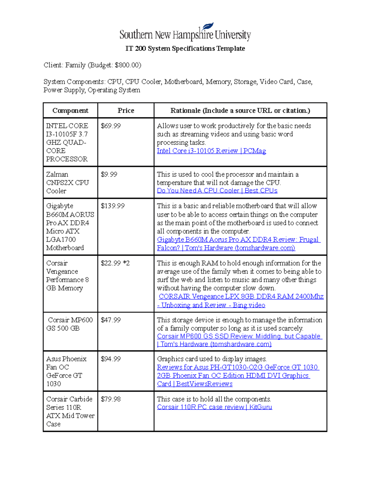 IT 200 System 2-1 Activity - IT 200 System Specifications Template Client: Family (Budget: $800 ...