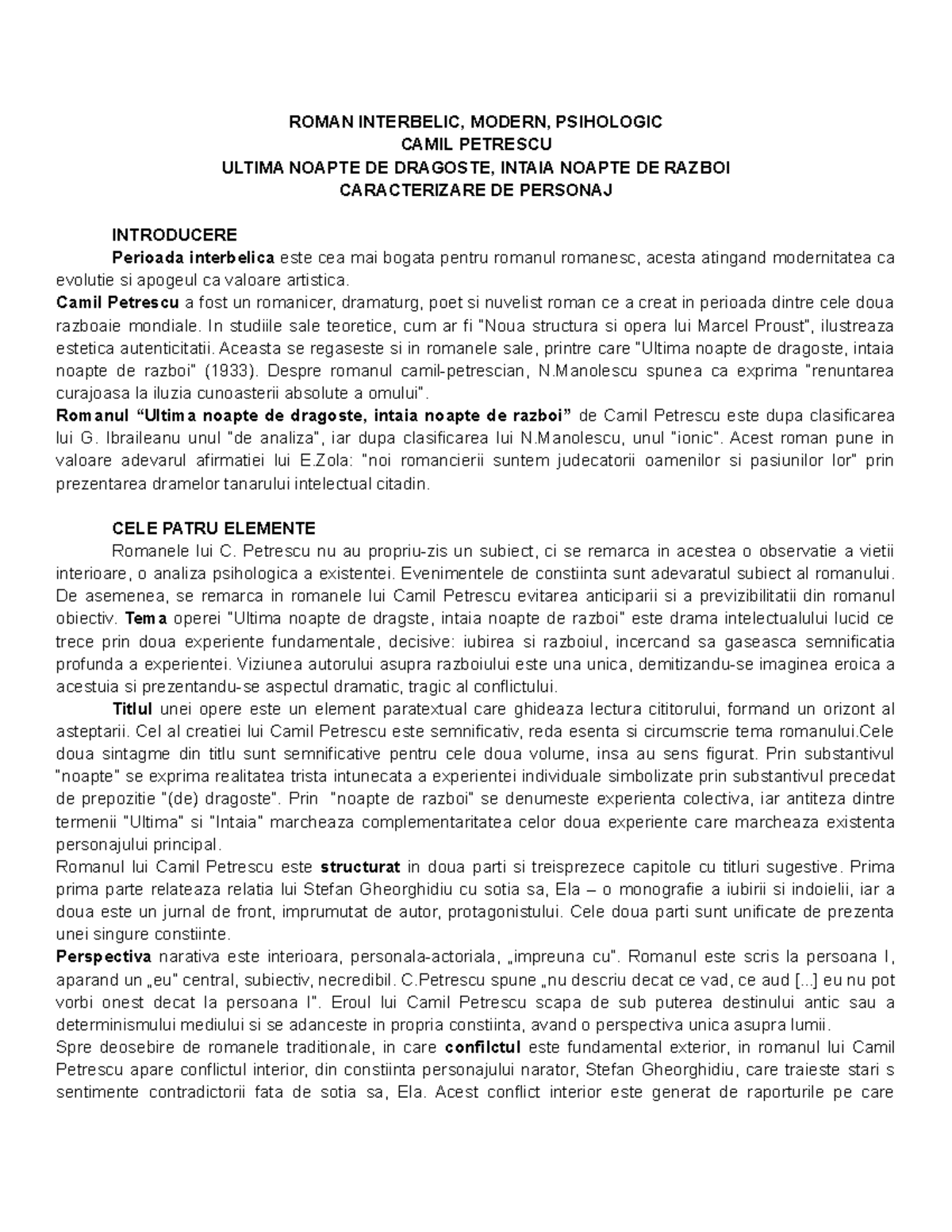 Unddindr - Caracterizare - ROMAN INTERBELIC, MODERN, PSIHOLOGIC CAMIL ...