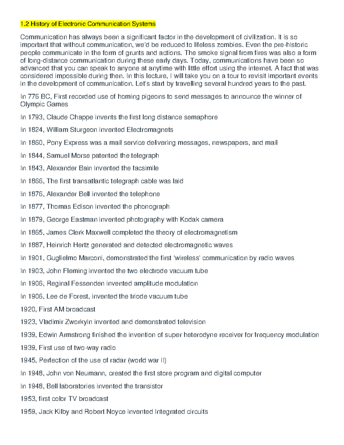 Module 1 ECE - Lecture Notes - 1 History of Electronic Communication ...
