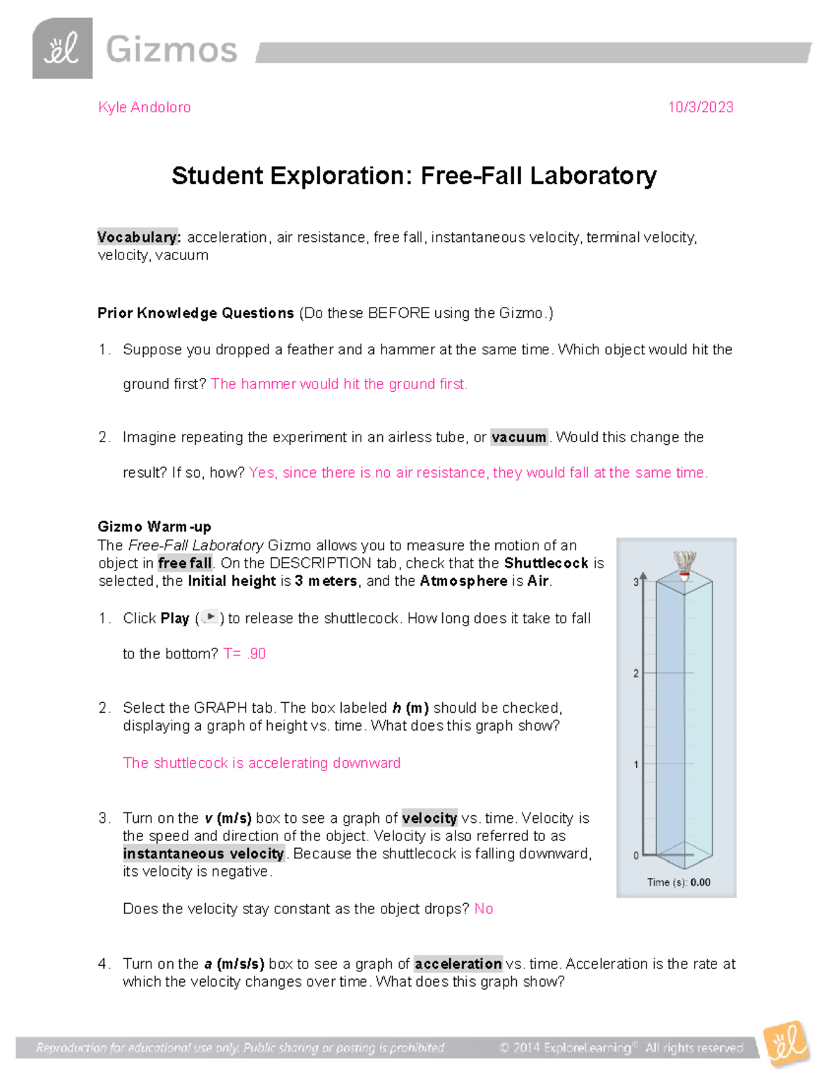 Free Fall Gizmos - Kyle Andoloro 10/3/ Student Exploration: Free-Fall ...