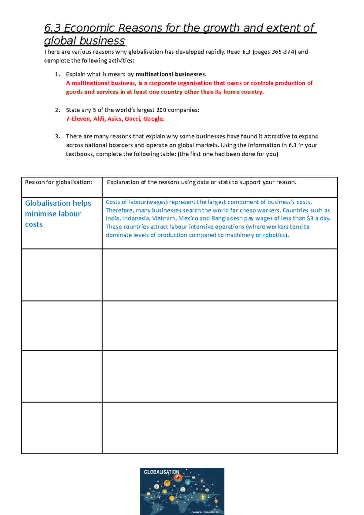 6.3 Activity sheet on reasons for globalisation - 6 Economic Reasons ...