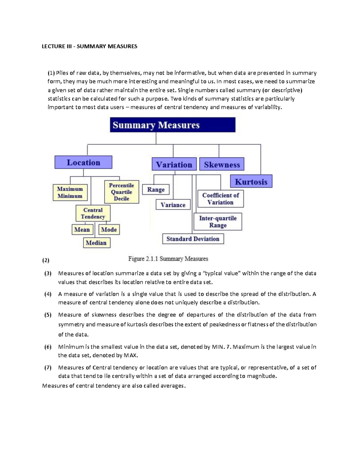 Lecture III - Summary Measures - LECTURE III - SUMMARY MEASURES (1 ...