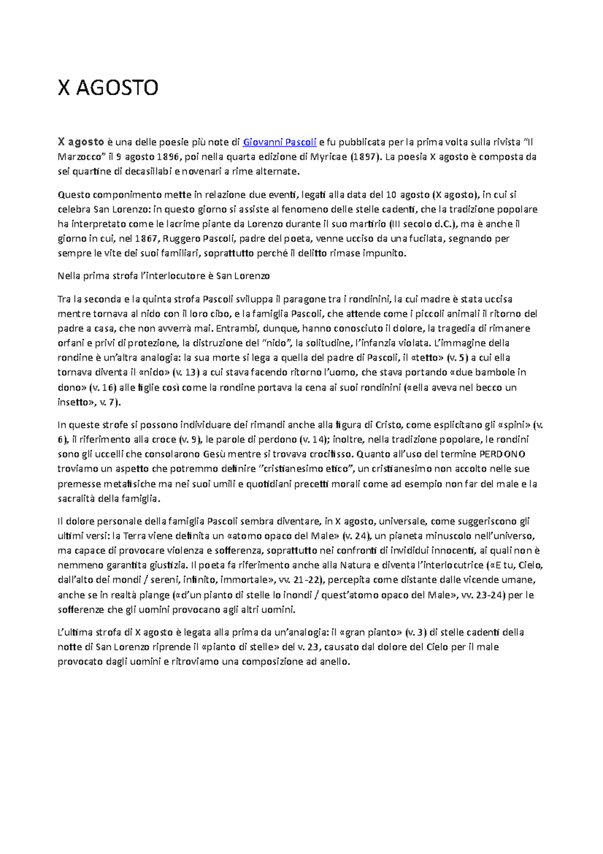 X Agosto ok - X AGOSTO X agosto è una delle poesie più note di Giovanni Pascoli e fu pubblicata ...