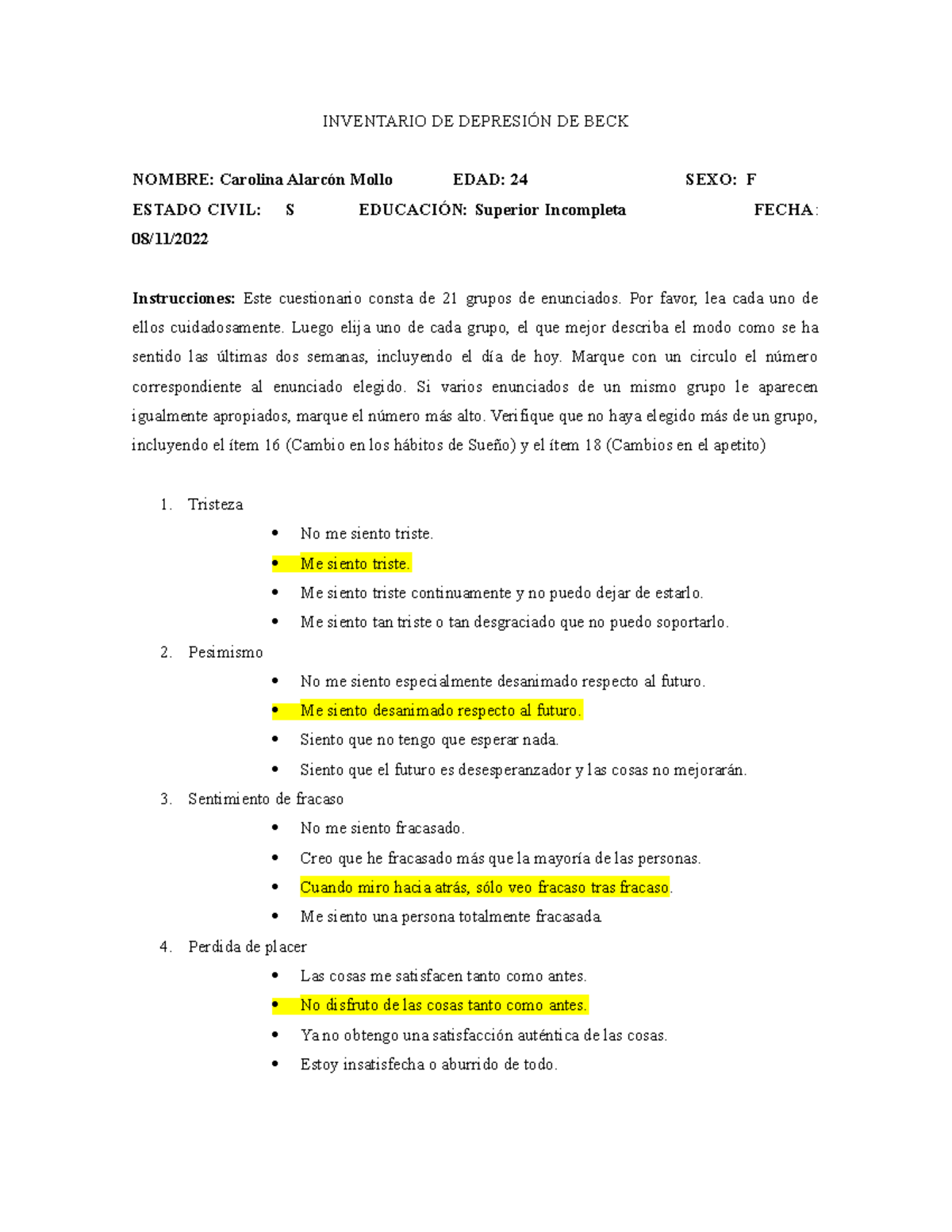 Inventario DE Depresión DE BECK - INVENTARIO DE DEPRESIÓN DE BECK ...