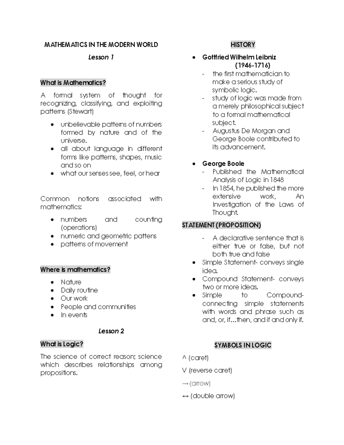 MMW Reviewer - dsfsdfsdfsd - MATHEMATICS IN THE MODERN WORLD Lesson 1 What is Mathematics? A ...