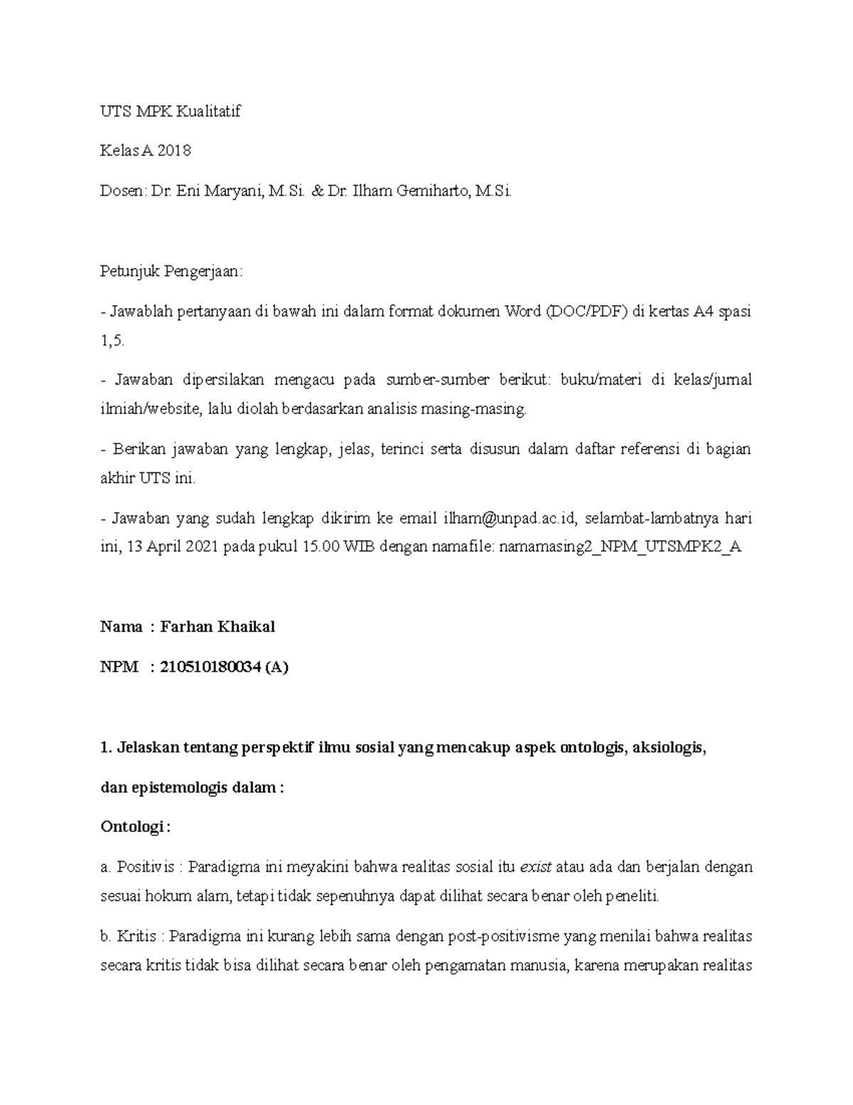 Farhan Khaikal 210510180034 Utsmpk 2 A - UTS MPK Kualitatif Kelas A ...