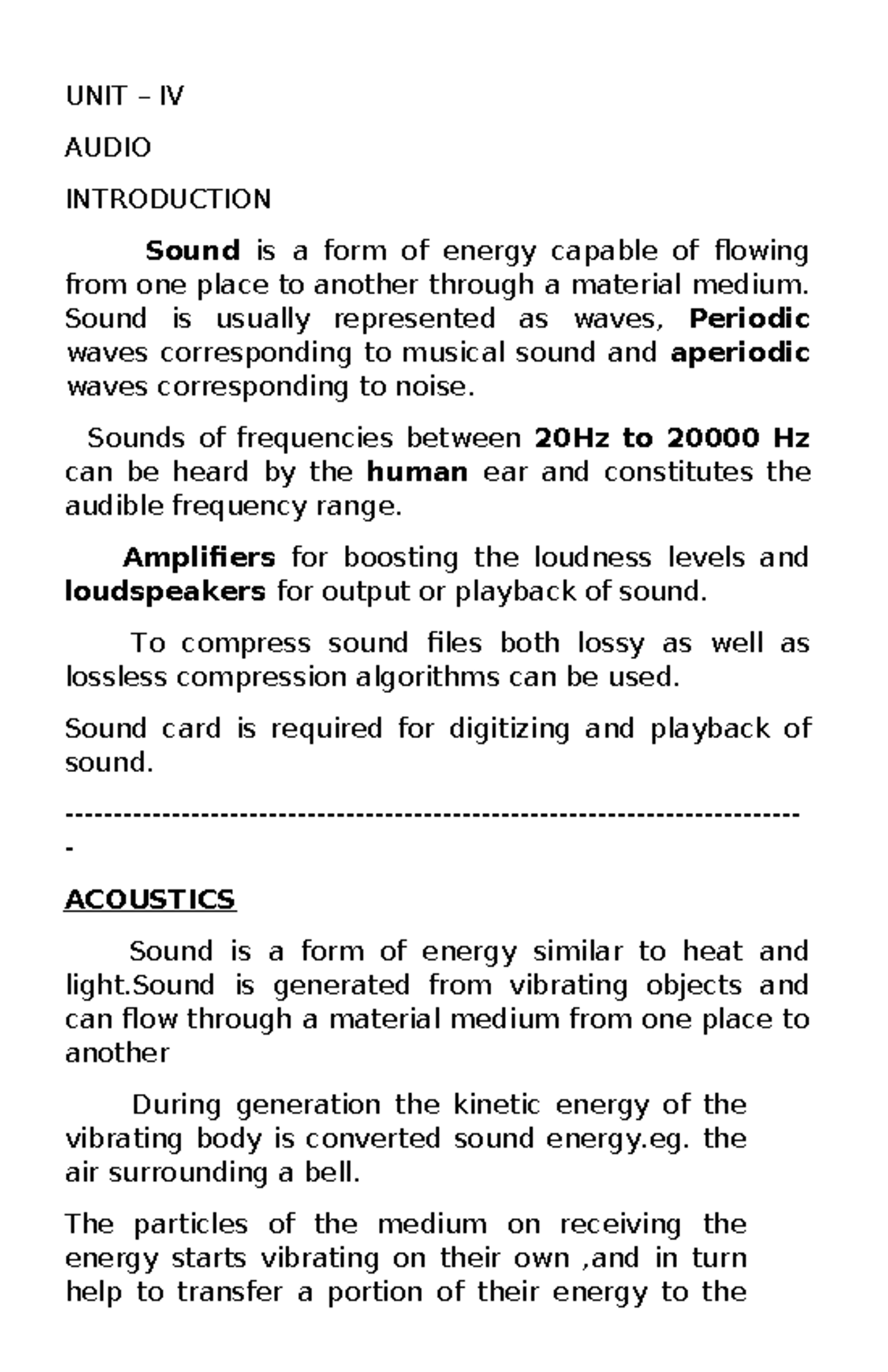 Principles OF Multimedia UNIT 4 Notes-1 - UNIT – IV AUDIO INTRODUCTION ...