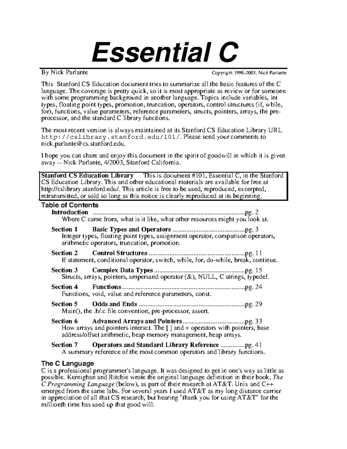 Essential C - SUMMARY - Essential C By Nick Parlante Copyright 1996 ...
